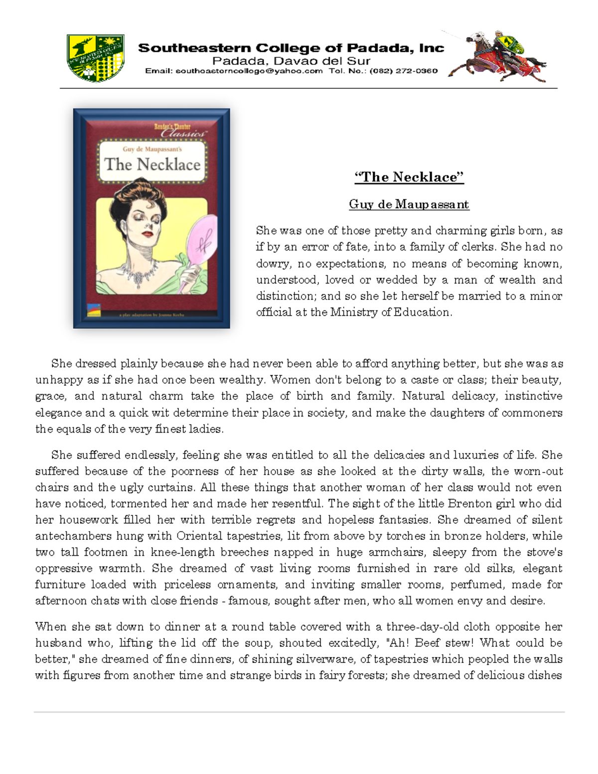 Stories FOR THE Activity IN ENGLISH 101 - “The Necklace” Guy de ...