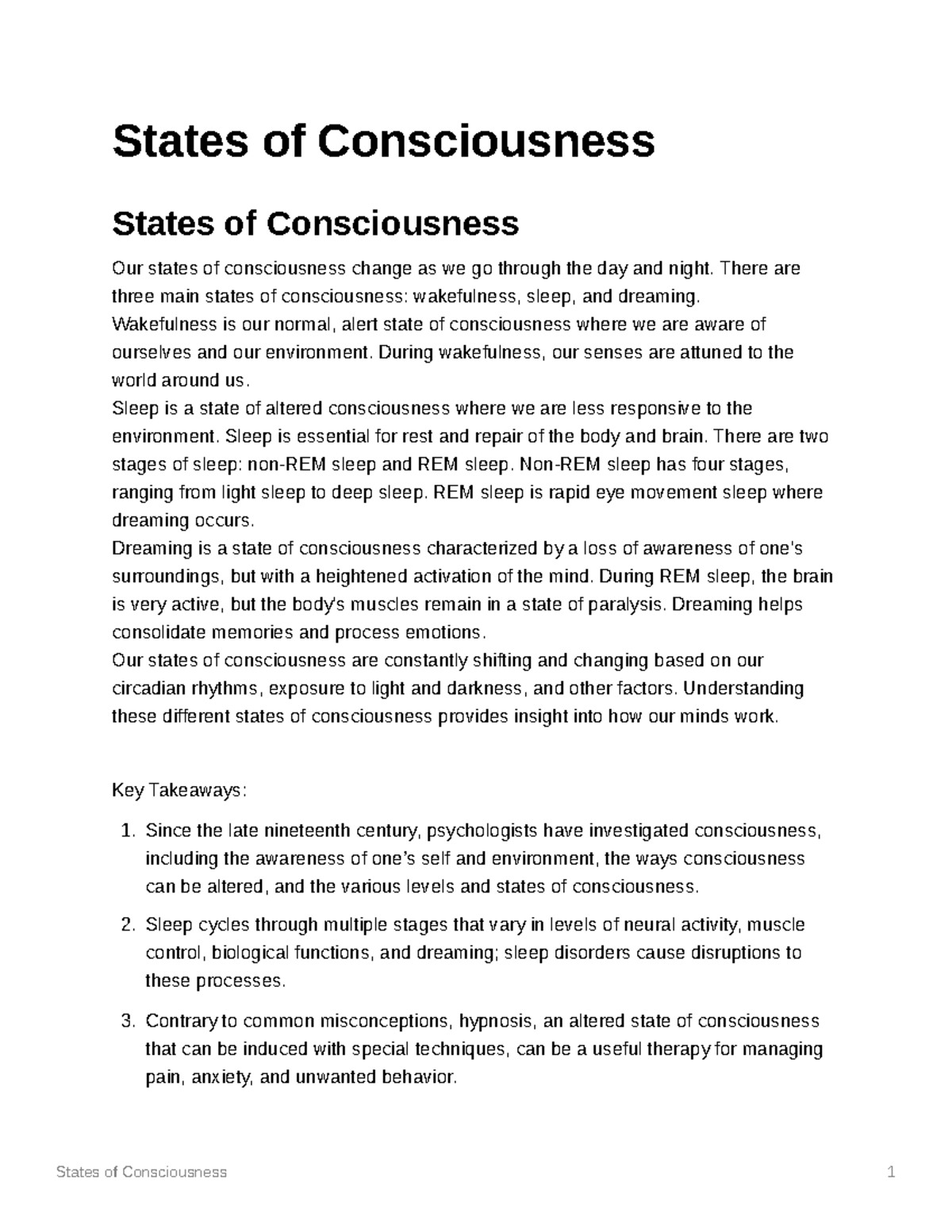 States of Consciousness - There are three main states of consciousness ...