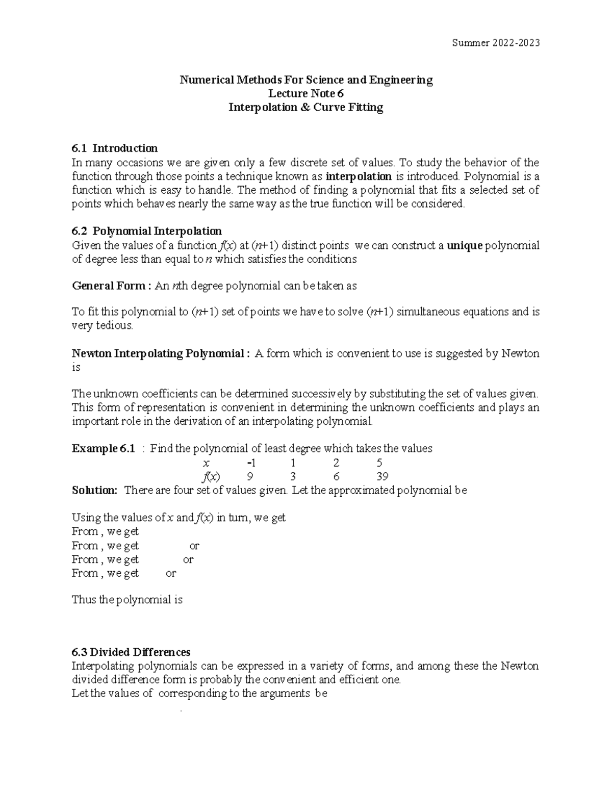 CH-6, MATH-5 Lecture NOTE - Numerical Methods For Science and ...
