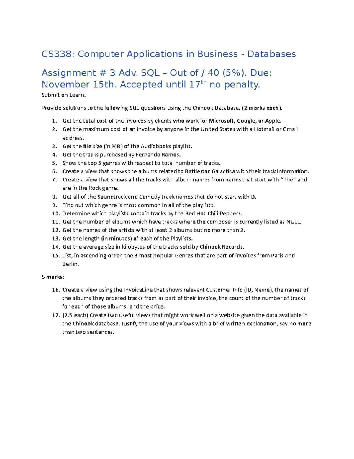 Assn3-19-updated - assignment questions - CS338: Computer Applications in Business - Databases ...