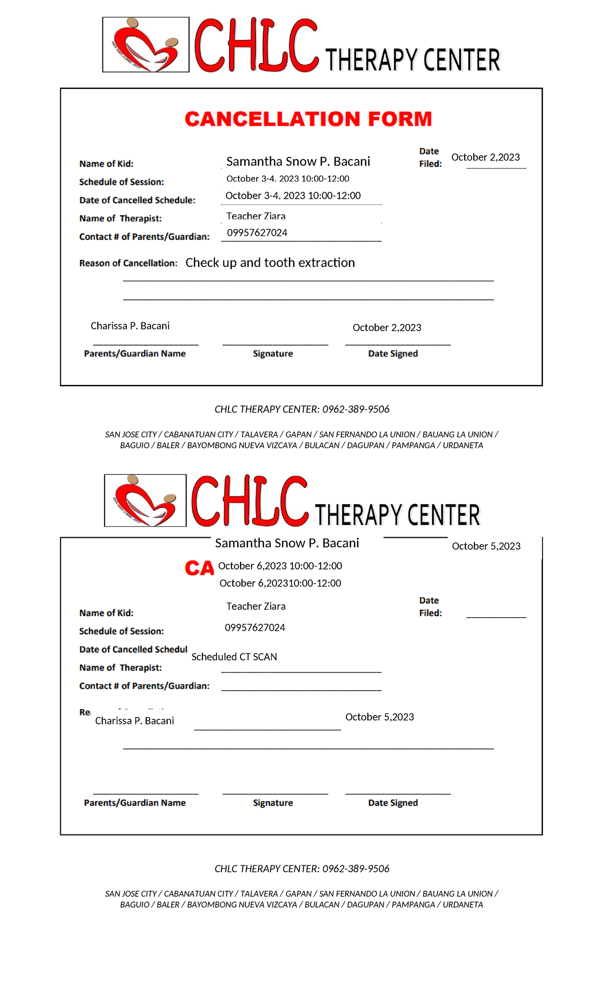 Cancellation-FORM-V - gen info - CHLC THERAPY CENTER: 0962-389- SAN ...