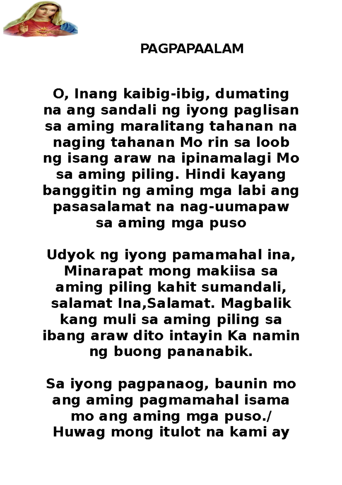 Rosaryo - notes - PAGPAPAALAM O, Inang kaibig-ibig, dumating na ang ...