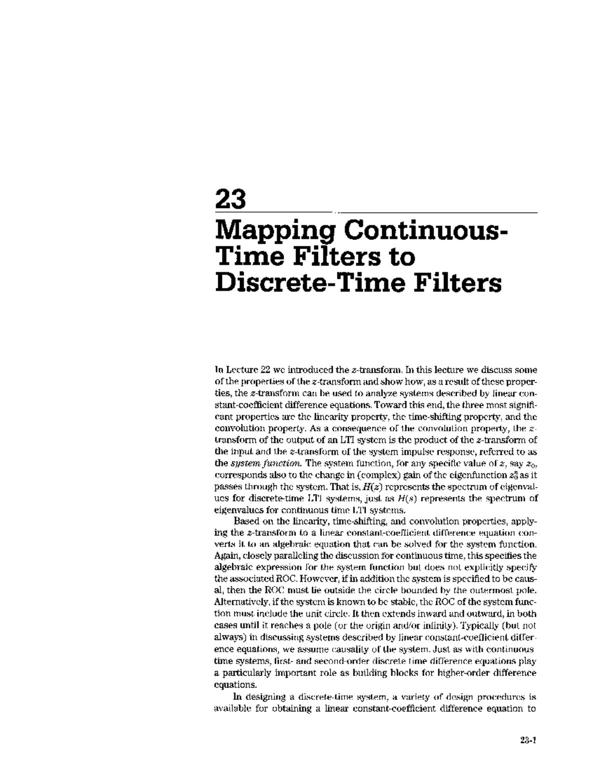 Mapping Continuous Time Filters To Discrete Time Filters 23 Mapping Continuous Time Filters