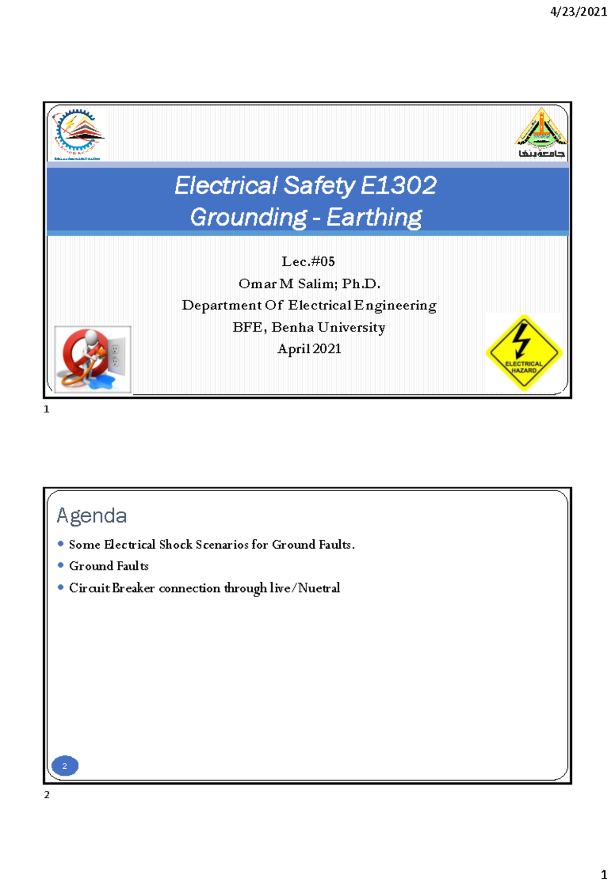 ES Lec#05 Grounding or Earthing 2021 - ####### Lec.# ####### Omar M Salim; Ph ...