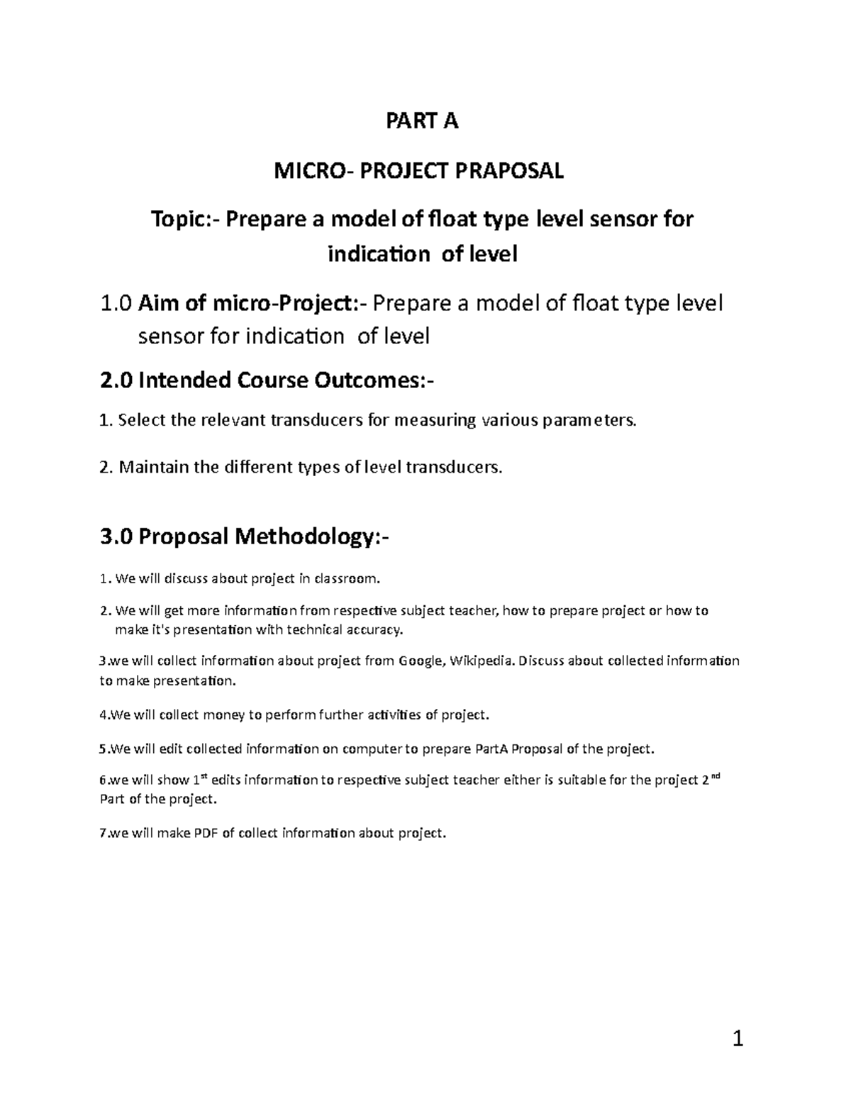 IME Microproject Part A - PART A MICRO- PROJECT PRAPOSAL Topic:- Prepare a model of float type ...