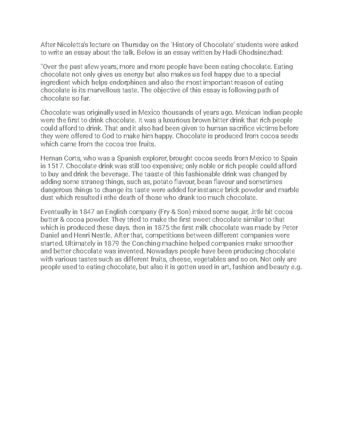 Chocolate - Class task - After Nicoletta’s lecture on Thursday on the ...