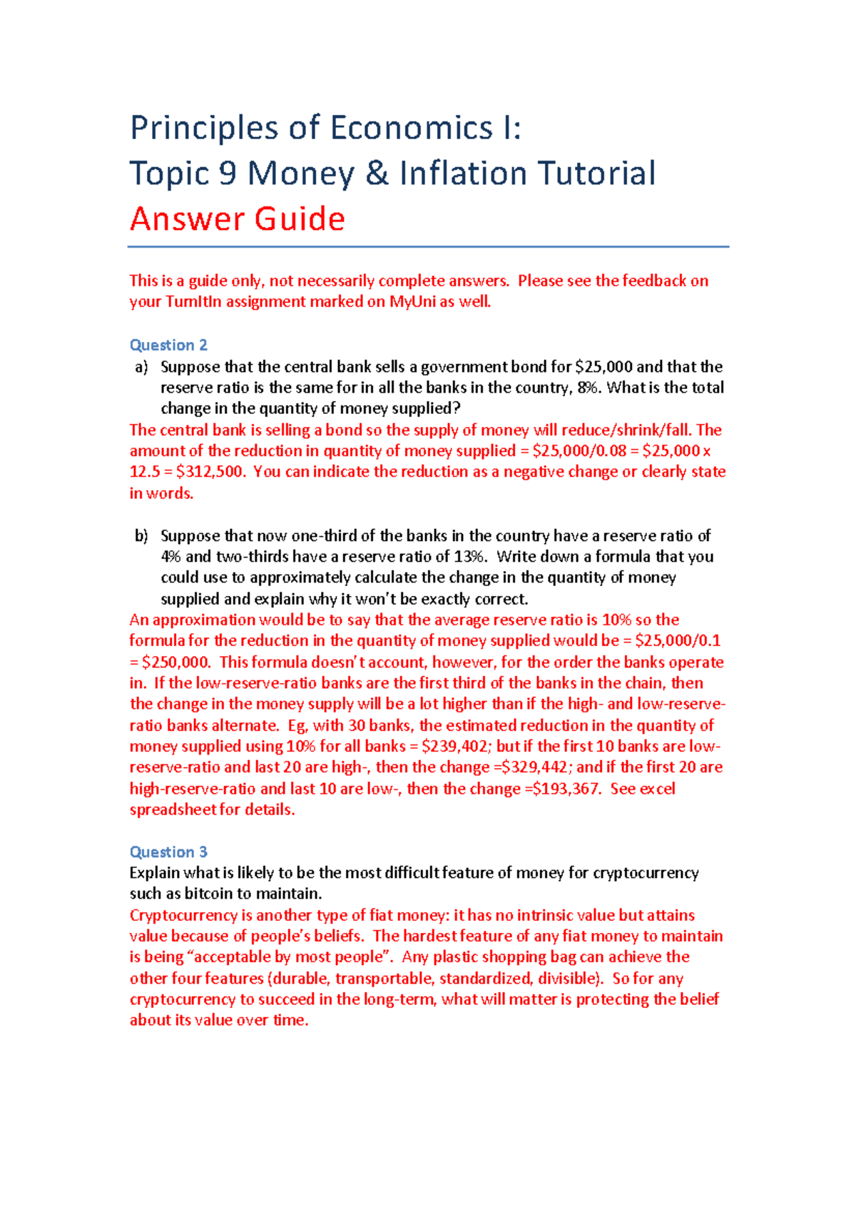 Topic 9 Answer Guide -Money & Inflation Tutorial - Principles of ...
