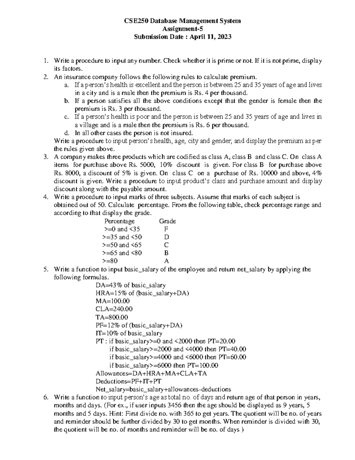 CSE250 DBMS Assignment 5 Procedures Functions and Triggers - CSE250 Database Management System ...