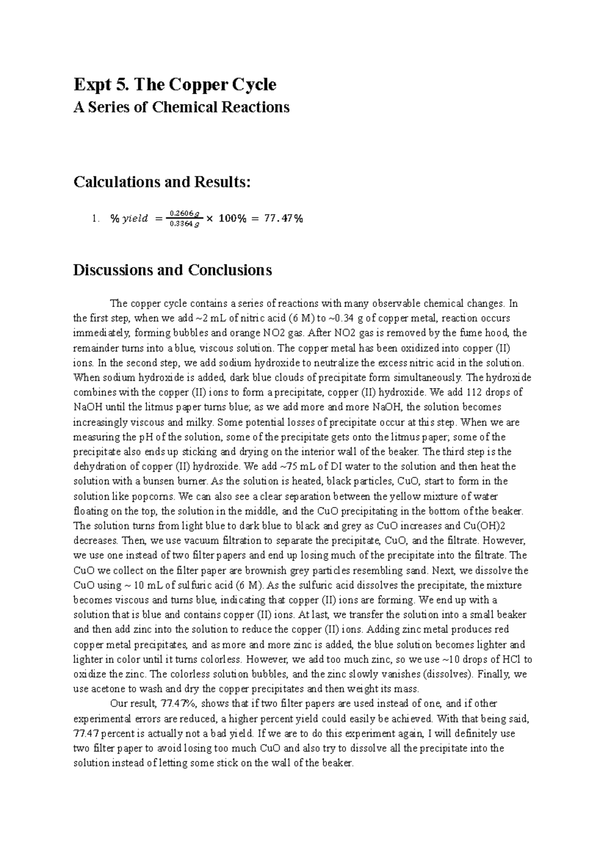 Experiment 5 Postlab - Expt 5. The Copper Cycle A Series of Chemical ...