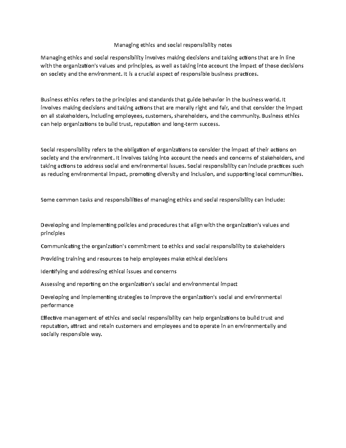 Managing ethics and social responsibility notes - It is a crucial ...