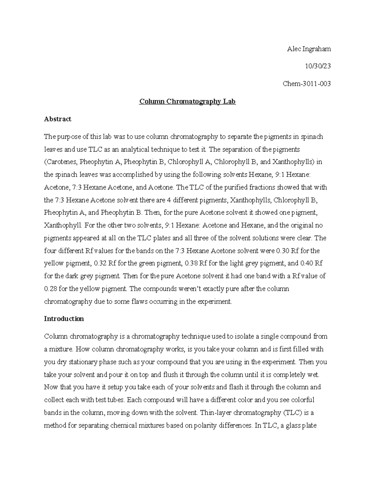 Lab Report Column Chromatography (1) - Alec Ingraham 10/30/ Chem-3011 ...