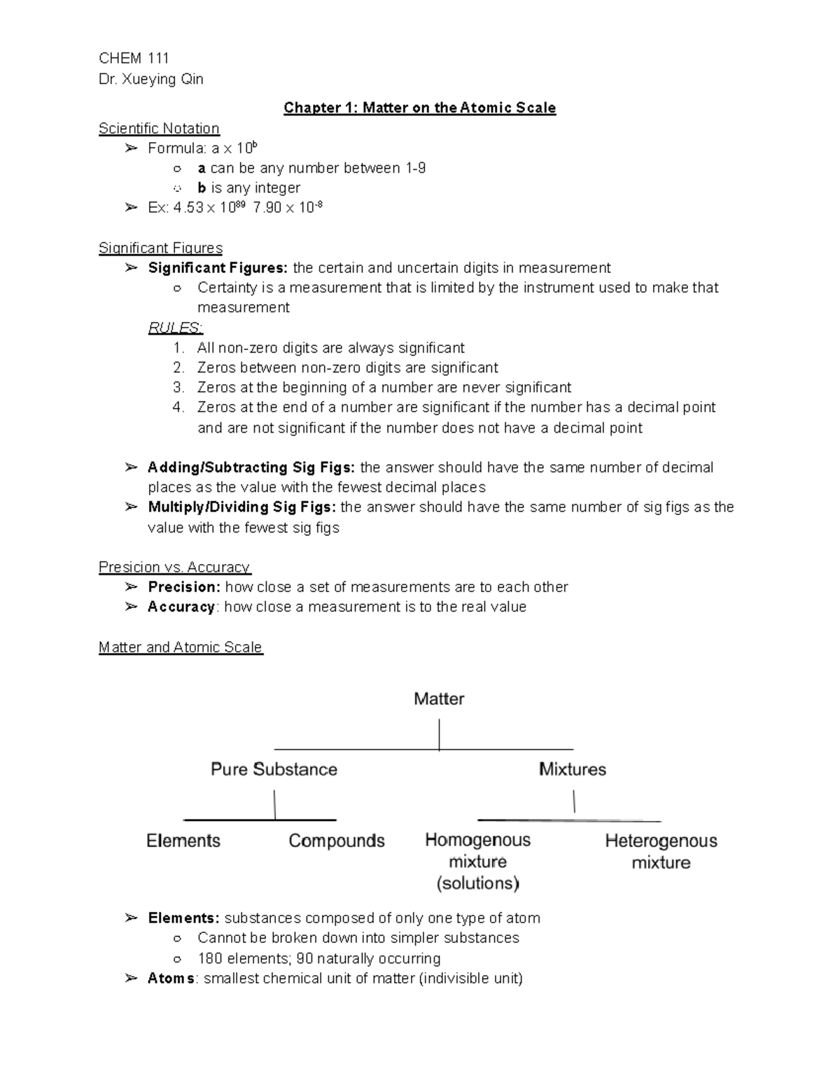 Chem 111 Ch.1 notes - CHEM 111 Dr. Xueying Qin Chapter 1: Matter on the ...