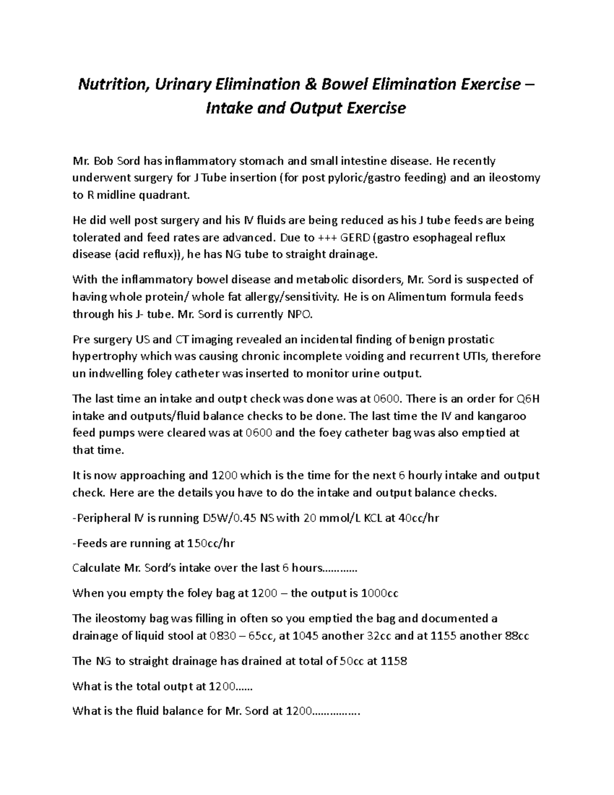 PNL Nutrition and Elimination Exercise - Nutrition, Urinary Elimination ...