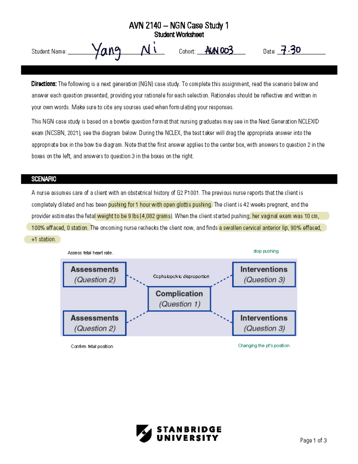 NGN Case Study 1 [Student Worksheet] 2023 - Page 1 of 3 Student Name