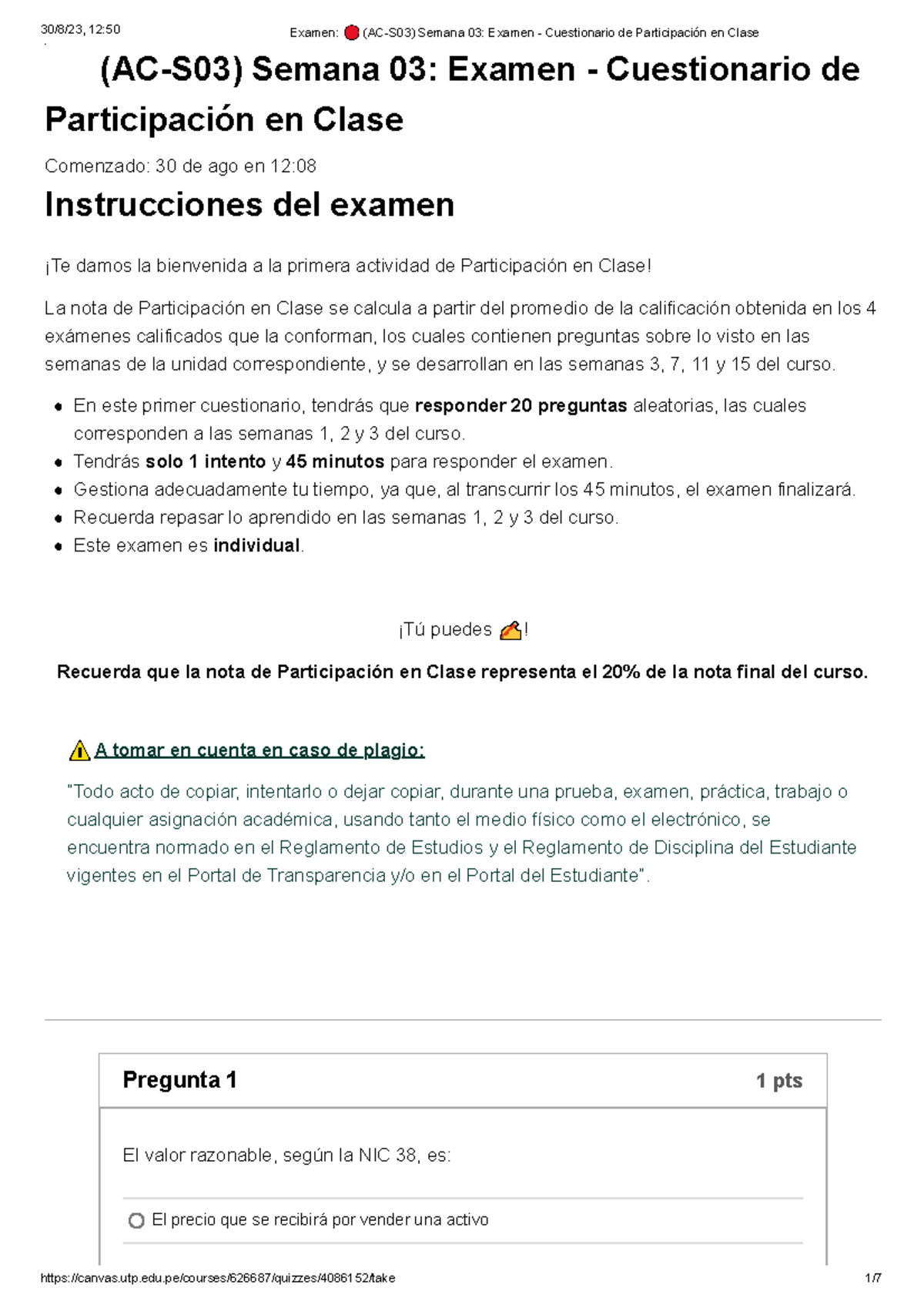 Examen 🔴 (AC-S03) Semana 03 Examen - Cuestionario de Participación en ...