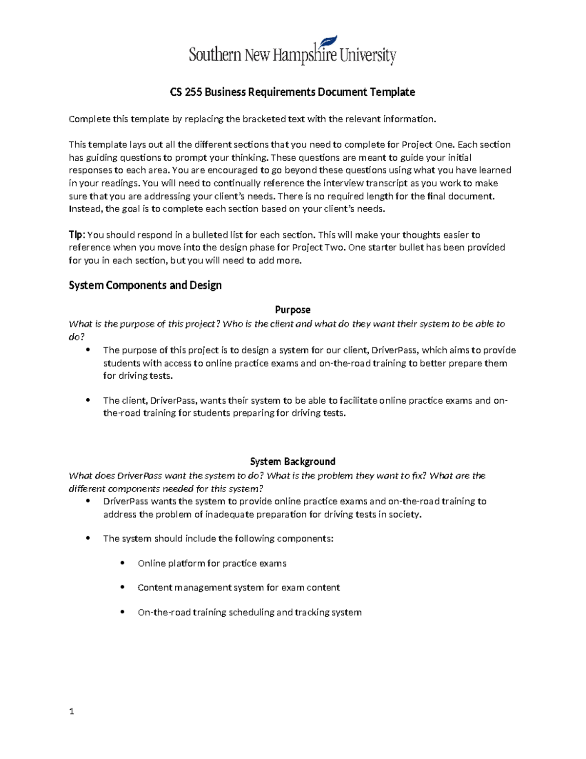 Cs255 project 1 - CS 255 Business Requirements Document Template ...