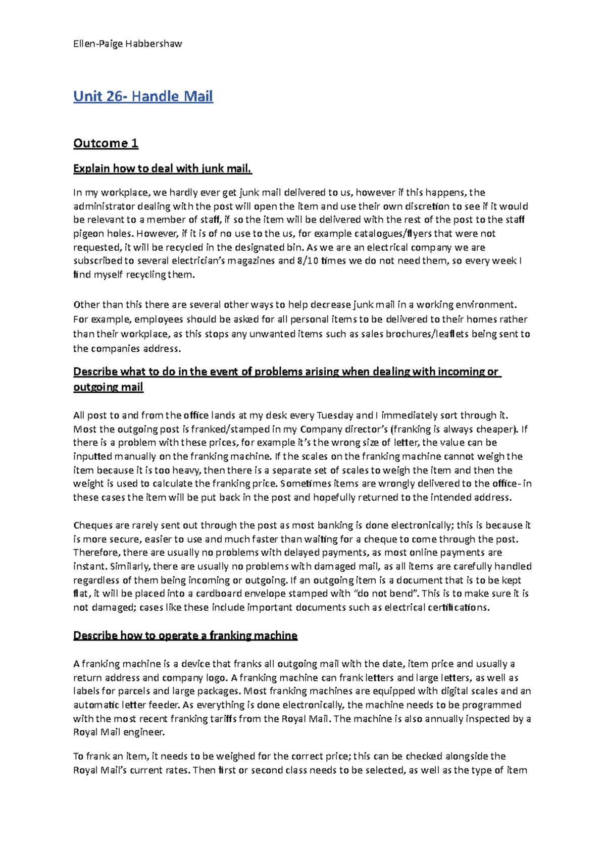Unit 26 Handle Mail All Outcomes - Ellen-Paige Habbershaw Unit 26 ...