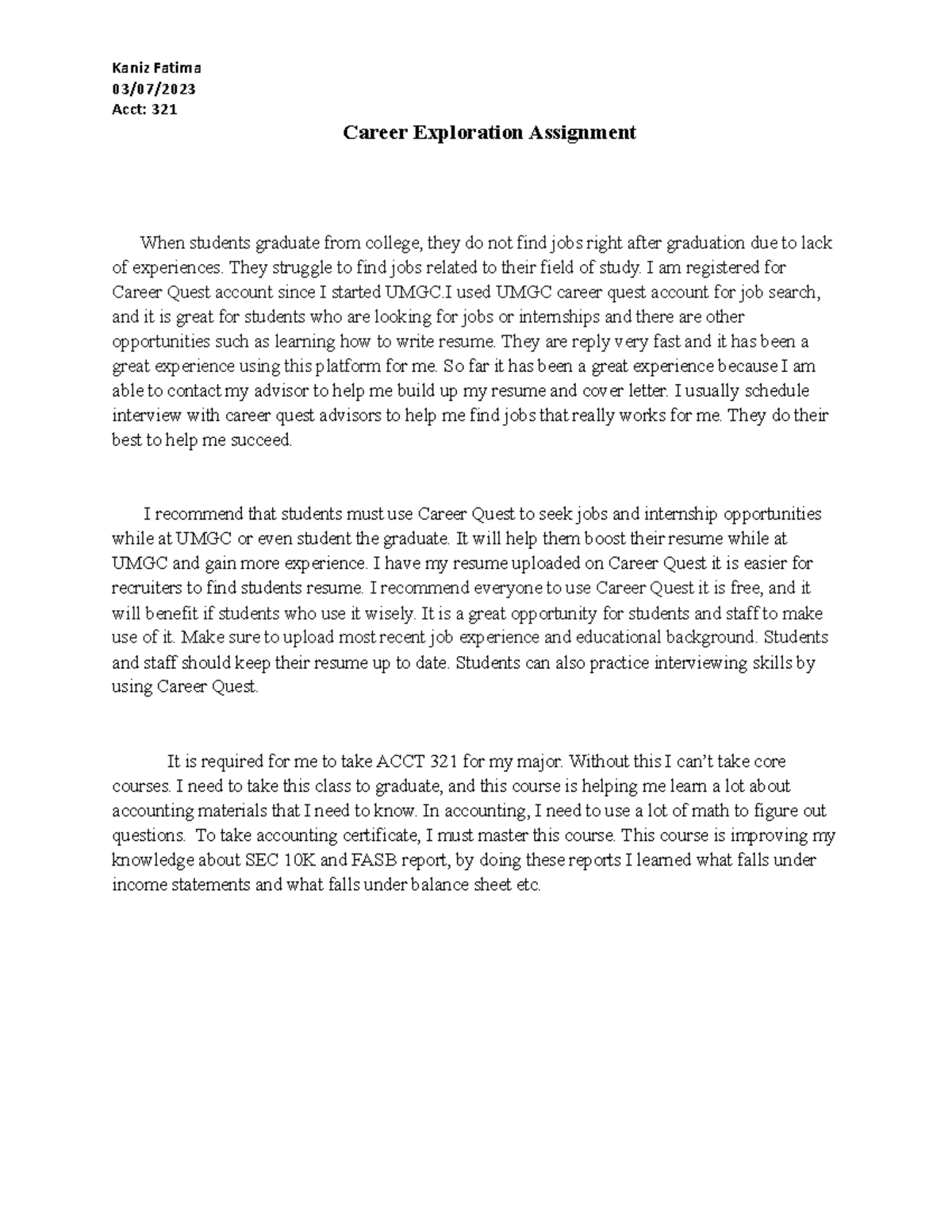 Career exploration ACCT 310 - Kaniz Fatima 03/07/ Acct: 321 Career ...