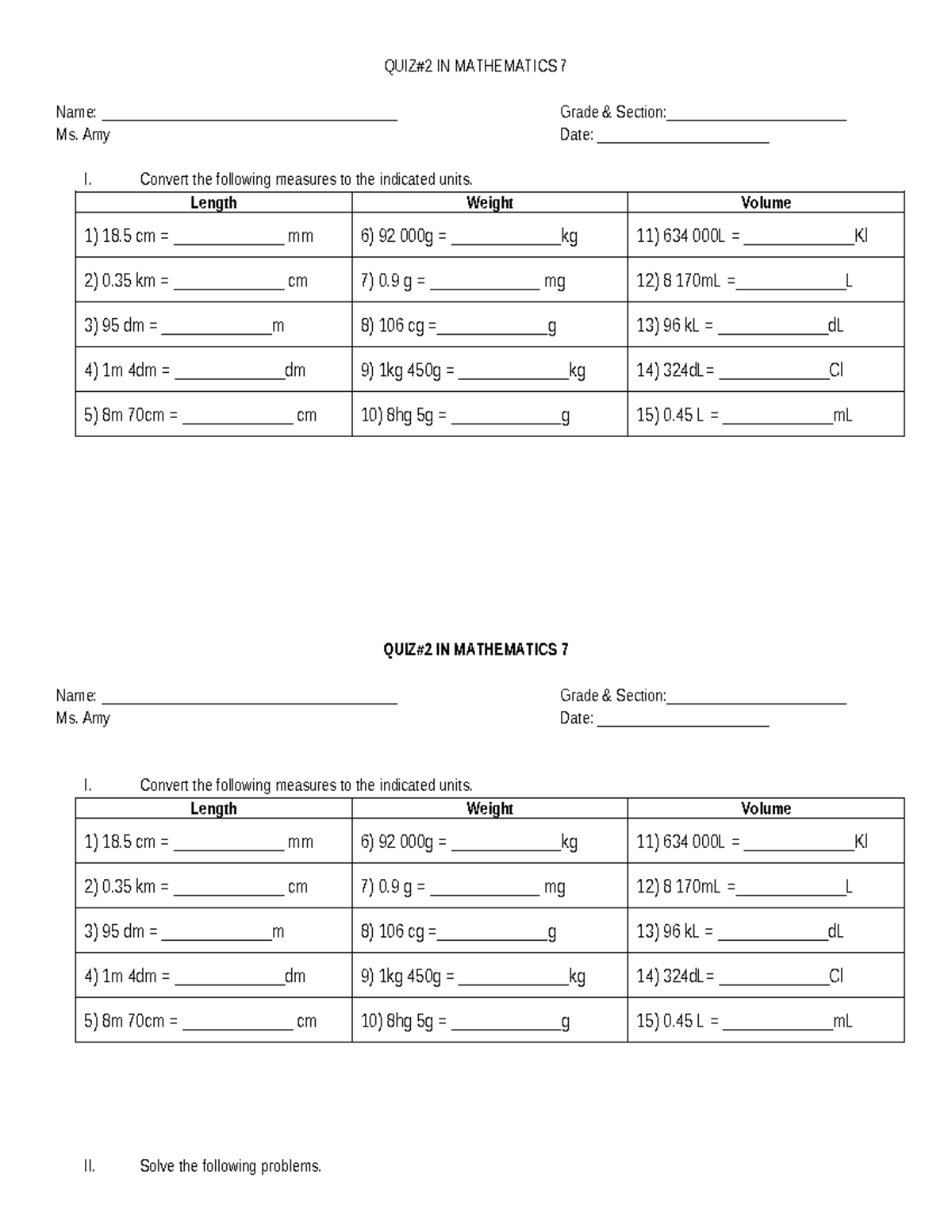 Quiz in Mass and Capacity - QUIZ#2 IN MATHEMATICS 7 Name
