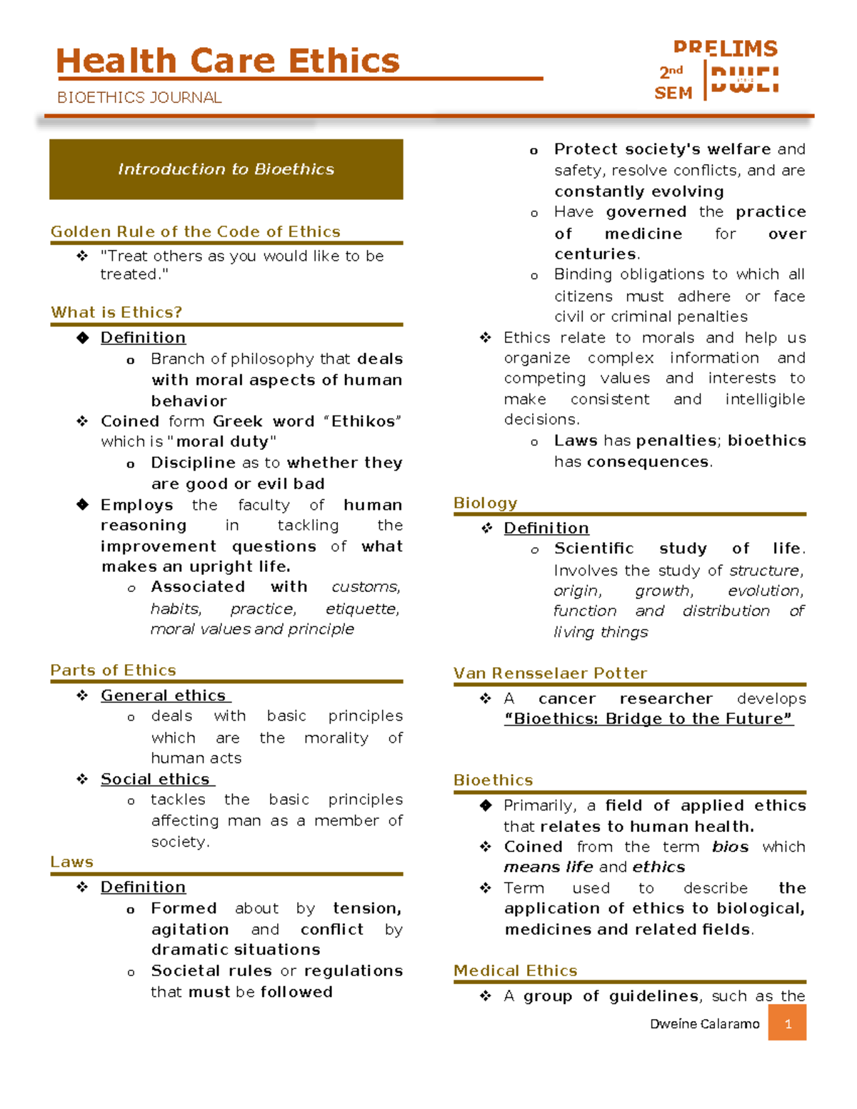 Cmcarle-journal-midterms - Health Care Ethics BIOETHICS JOURNAL 2 nd ...