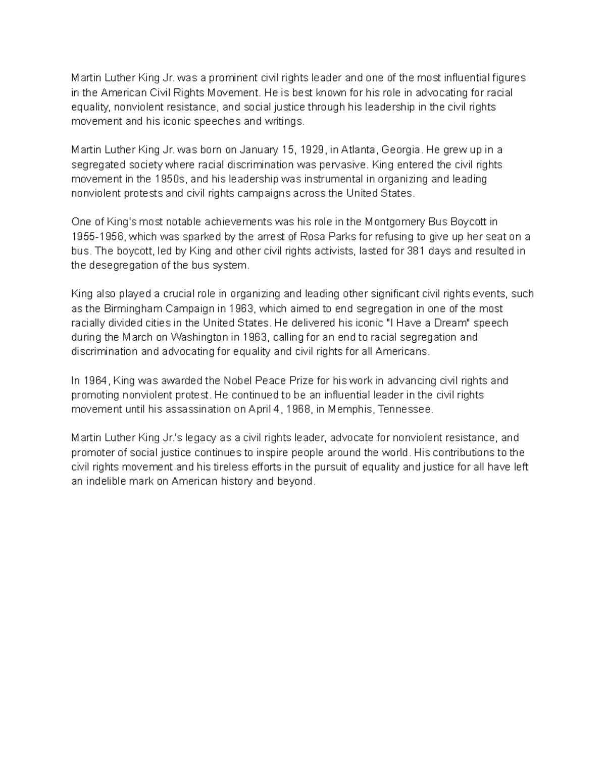 Mlk - class notes - Martin Luther King Jr. was a prominent civil rights ...