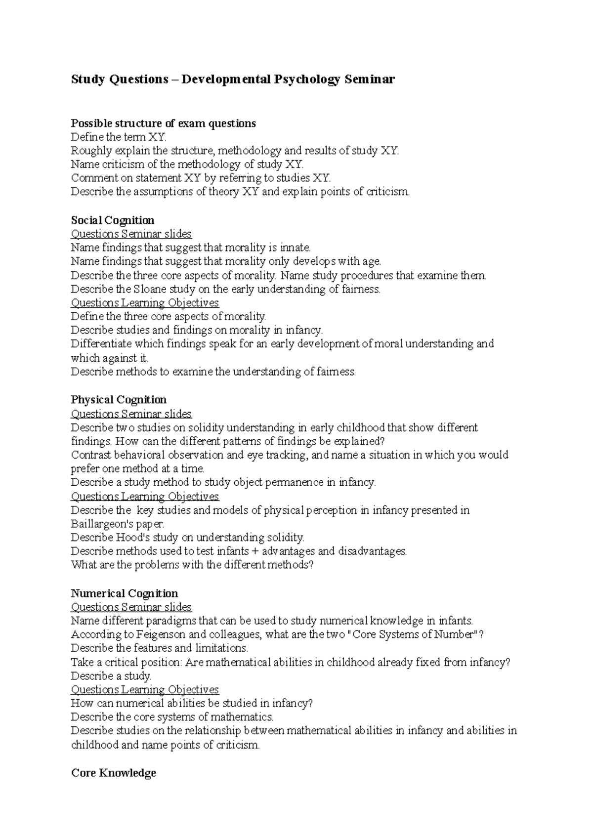Study Questions - Developmental psychology seminar - Study Questions ...