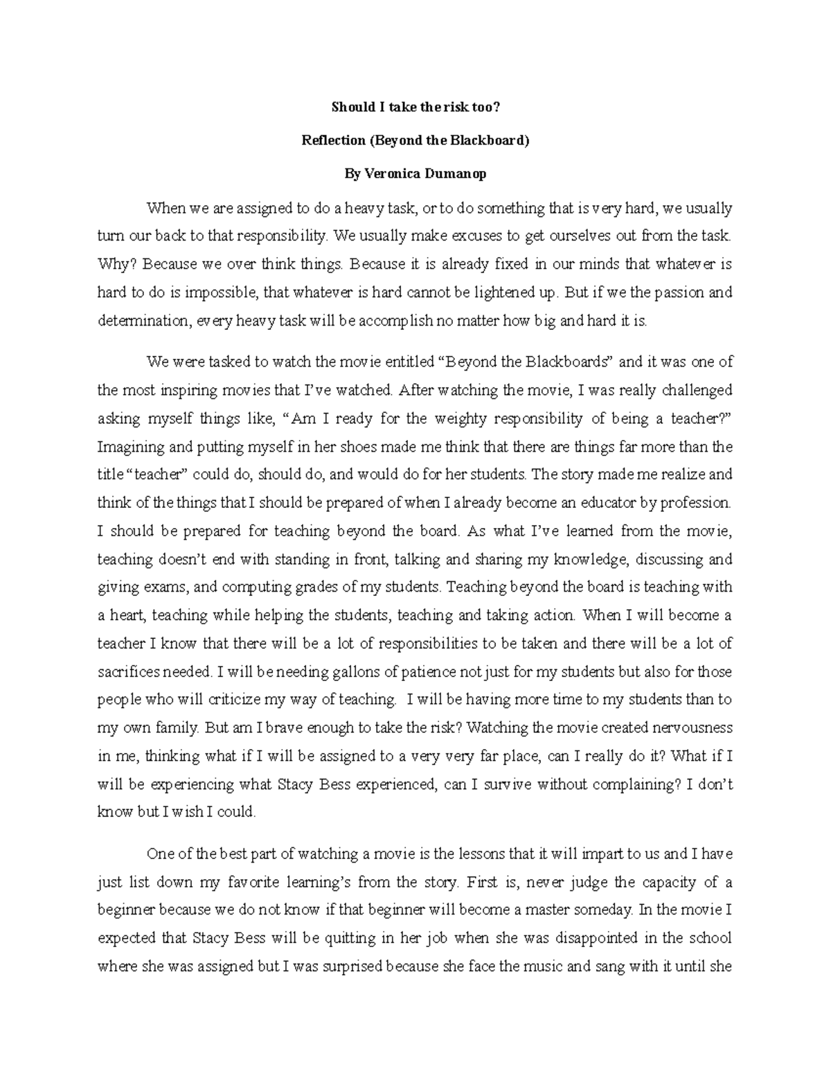 Beyond the classroms - Should I take the risk too? Reflection (Beyond ...