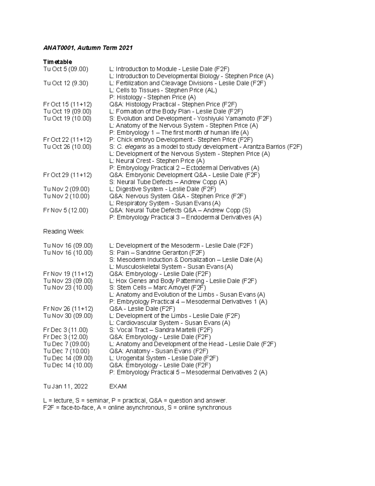 ANAT Lecture Timetable - ANAT0001, Autumn Term 20 21 Timetable Tu Oct 5 ...