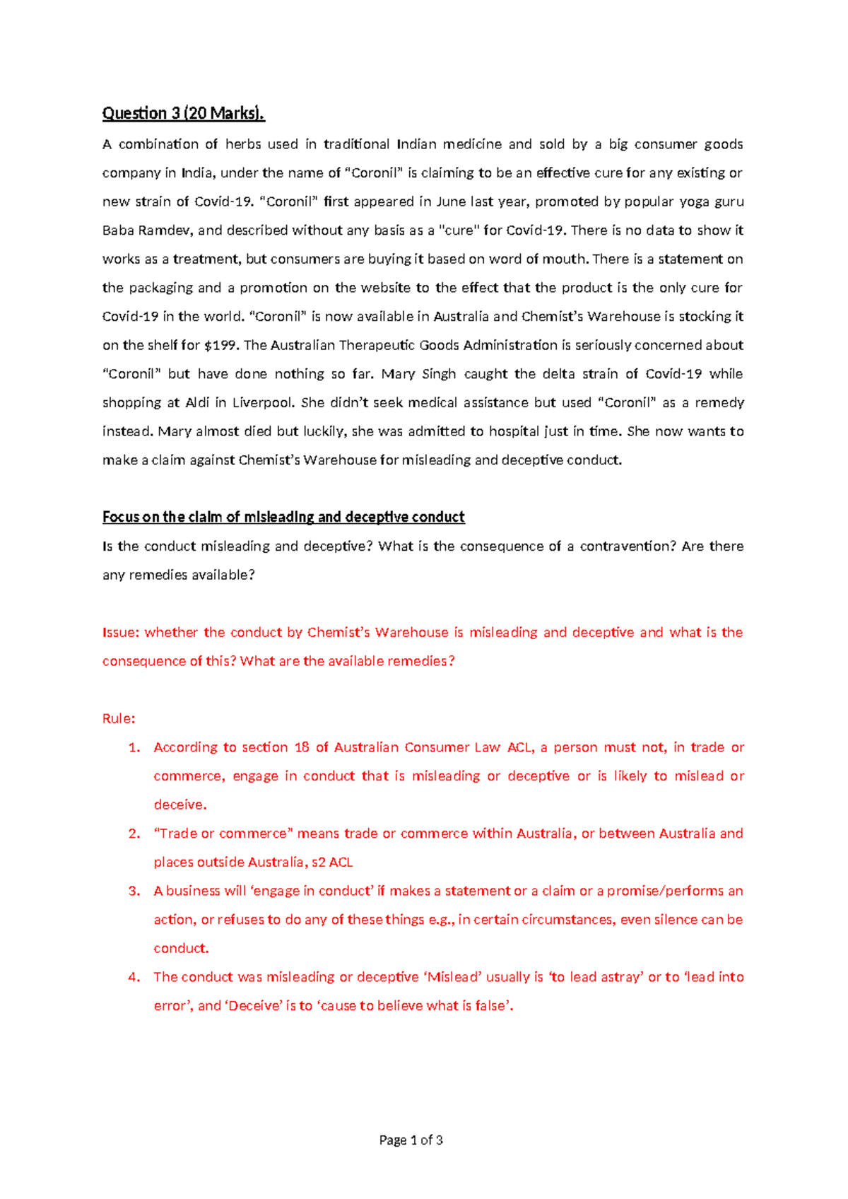 IRAC sample example answer - Question 3 (20 Marks). A combination of ...