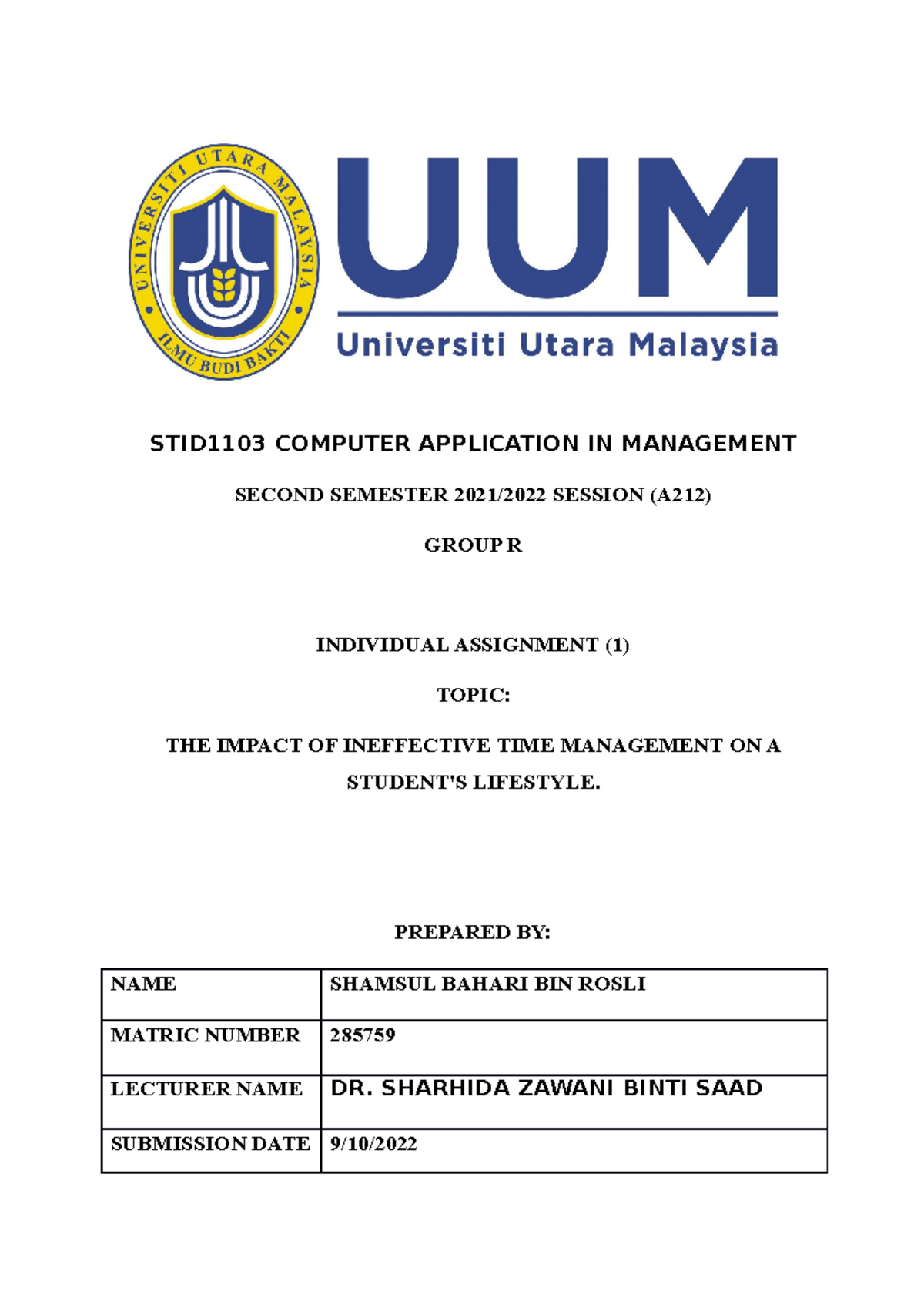 Assingment 1 computer bi edition - STID1103 COMPUTER APPLICATION IN MANAGEMENT SECOND SEMESTER ...