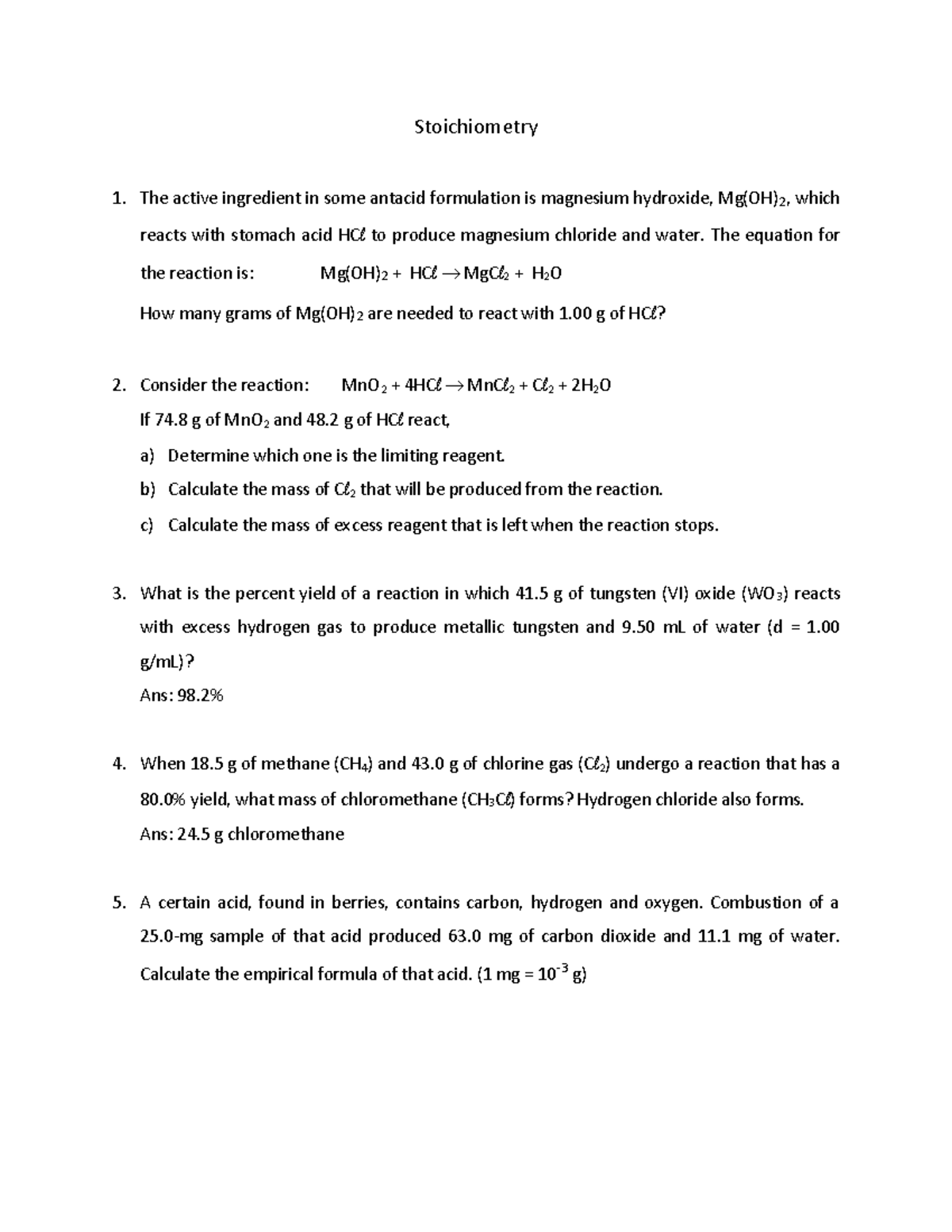 Stoichiometry Example REVIEW CHEMISTRY - NYA-01 - Vanier - Studocu
