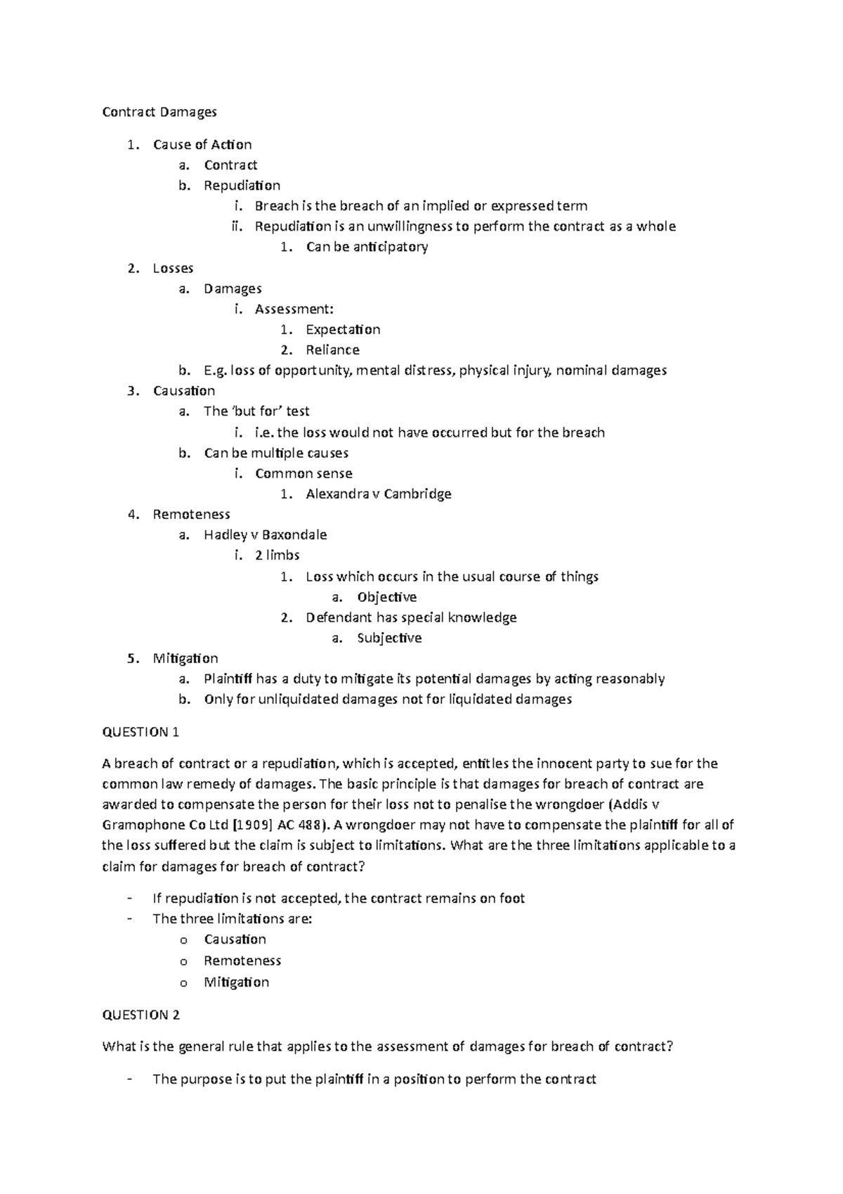 Tutorial 1 - Contract Damages - Contract Damages Cause of Action a ...