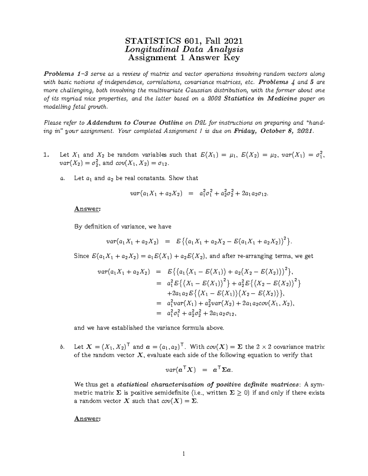 LDAf2021 Assign 1 key - STATISTICS 601, Fall 2021 Longitudinal Data Analysis Assignment 1 Answer ...