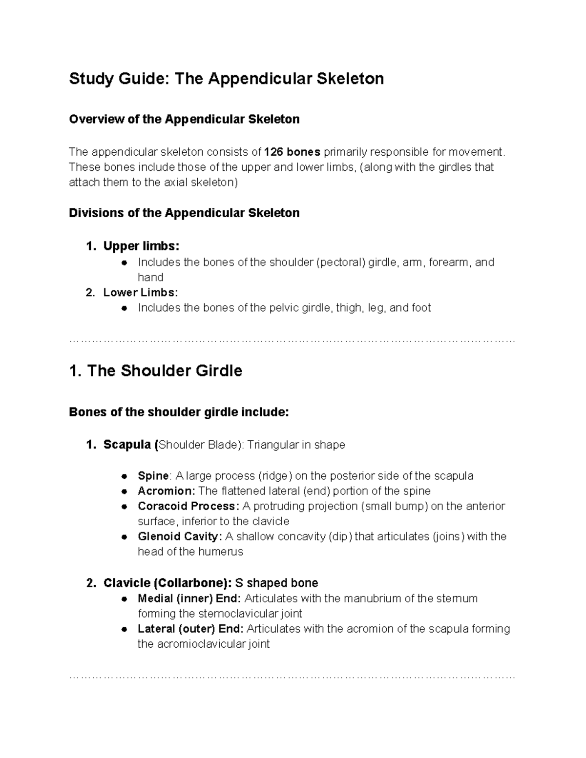 A&P Chapter 8 - ANP notes - Study Guide: The Appendicular Skeleton ...