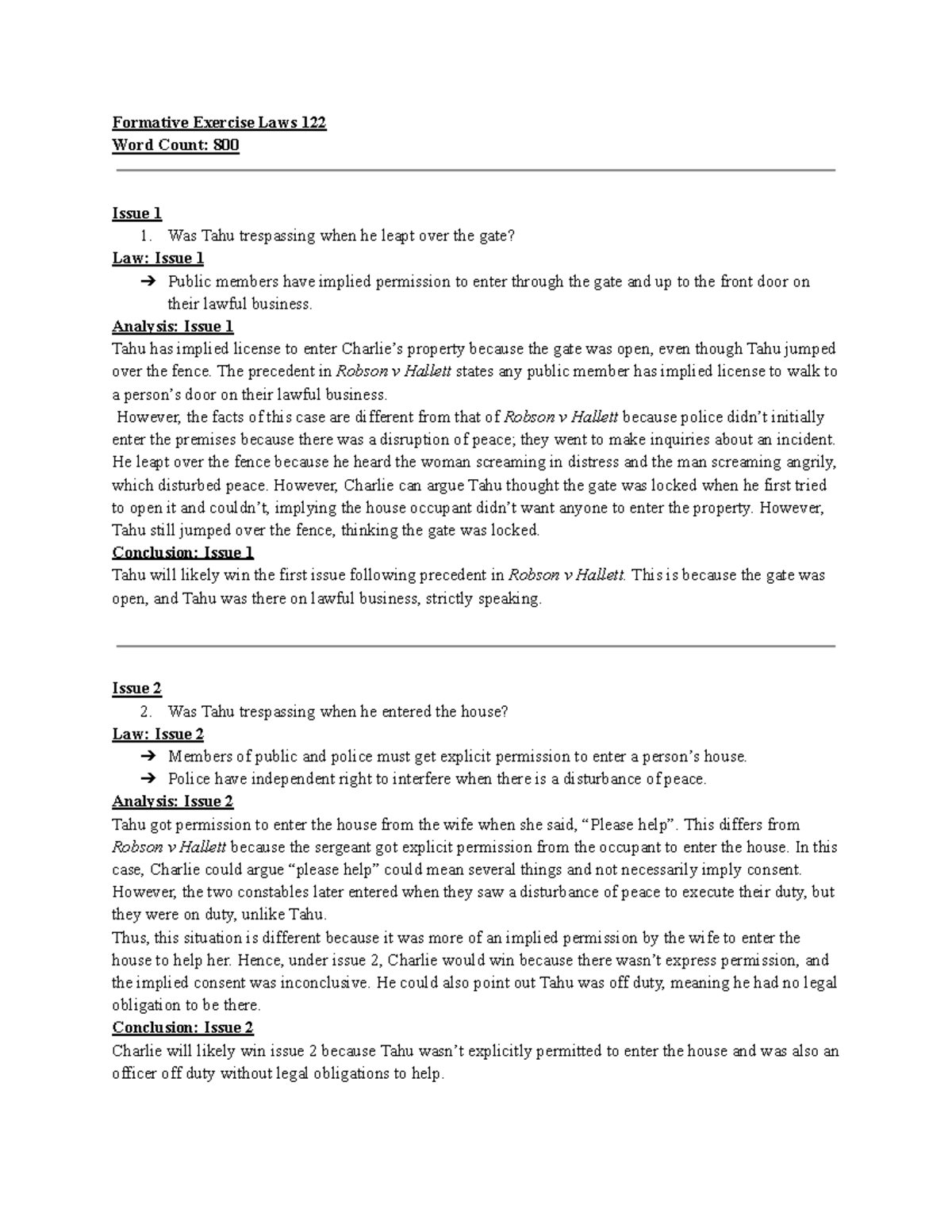 Fromative Exercise 122 - Formative Exercise Laws 122 Word Count: 800 Issue 1 1. Was Tahu ...