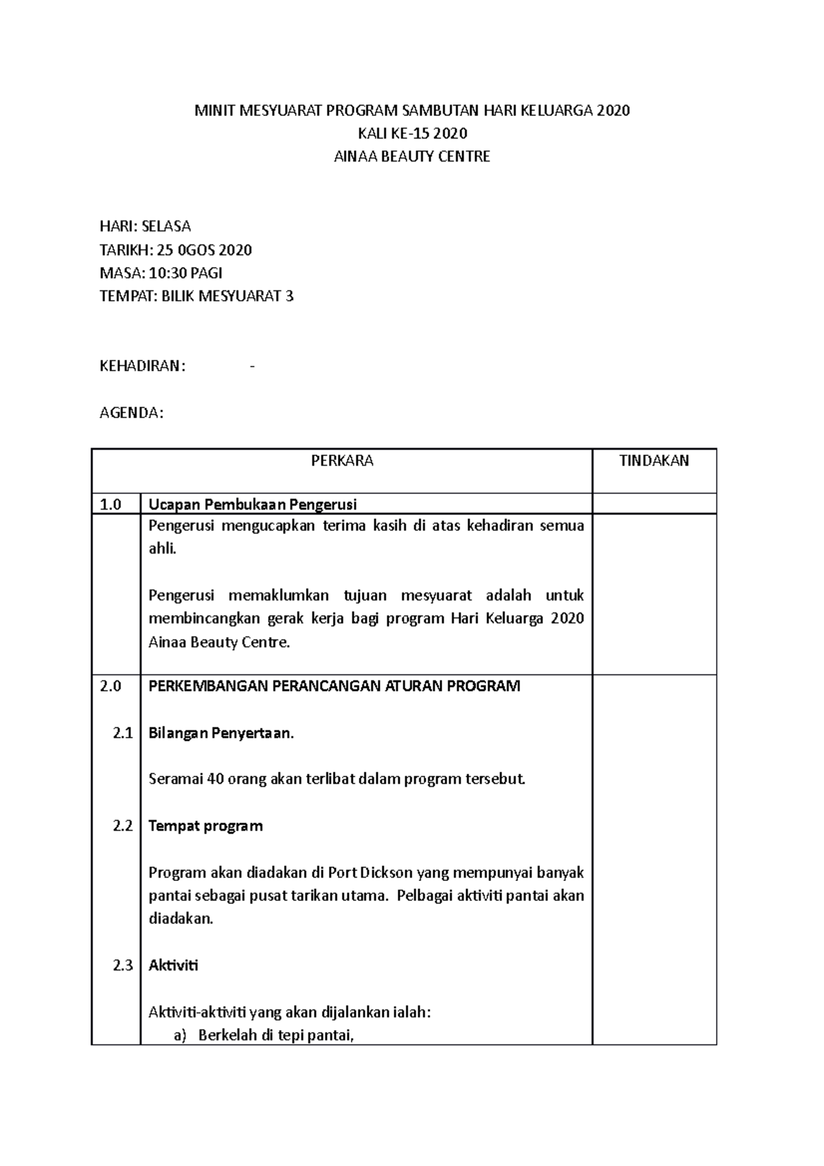 Minit Mesyuarat BBM110 - MINIT MESYUARAT PROGRAM SAMBUTAN HARI KELUARGA ...