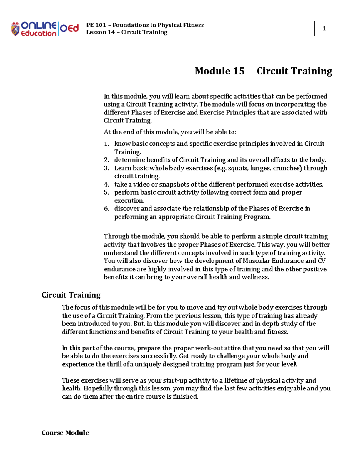 W12 & W13 Lesson 14 - Circuit Training - Module - Lesson 14 – Circuit ...