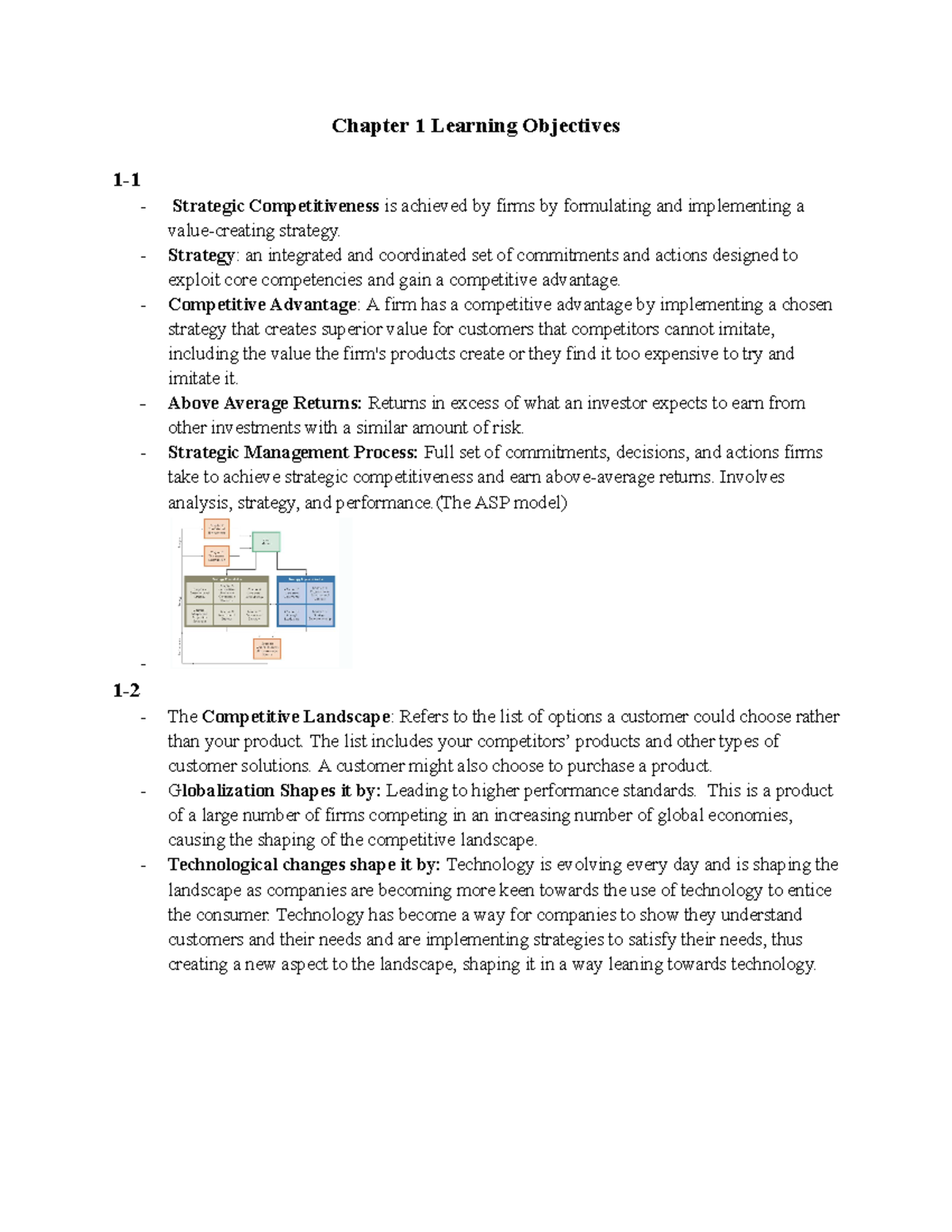 MAN 4720 Learning Objectives - Chapter 1 Learning Objectives 1- Strategic Competitiveness is ...