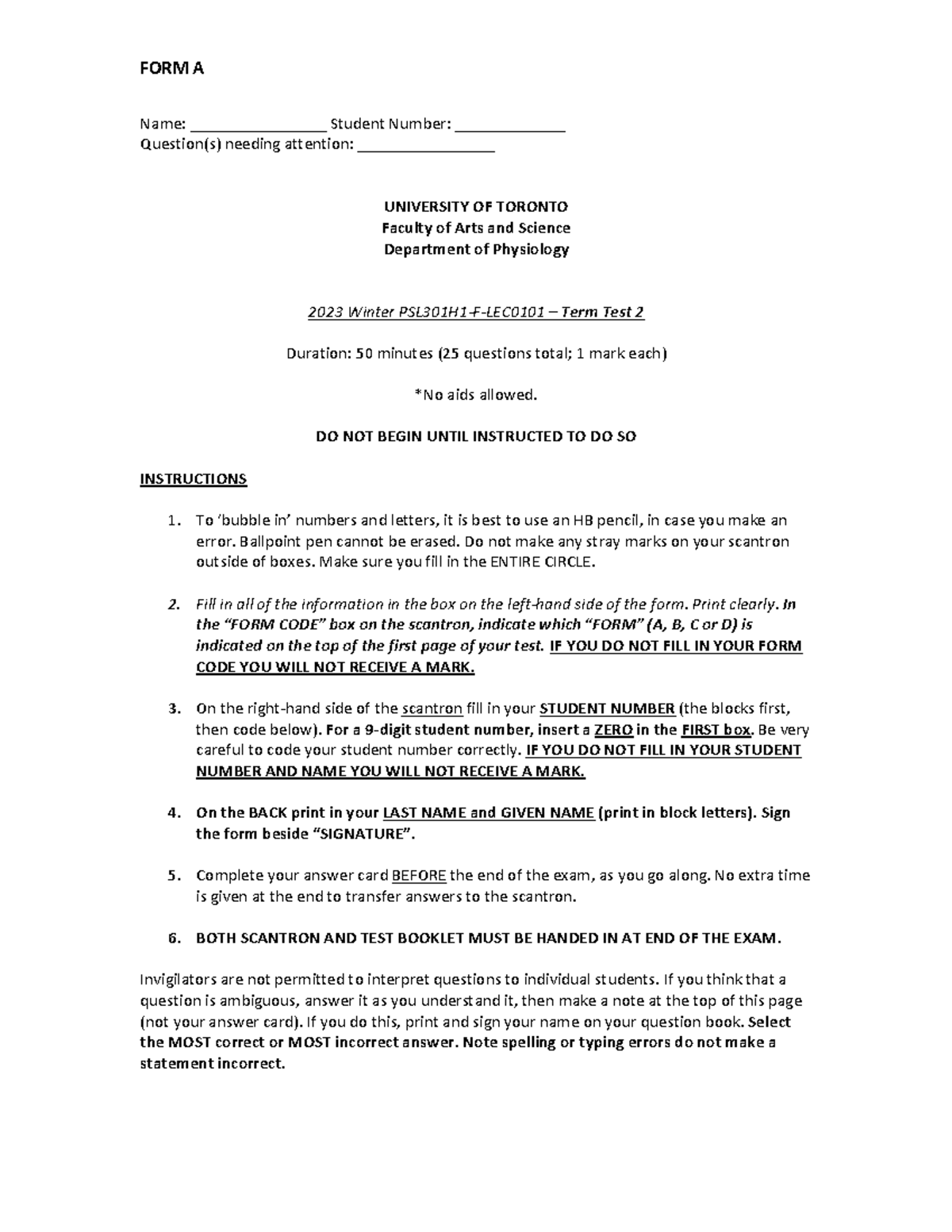 Answers FORM A PSL301 2023 TT2 - Name: ________________ Student Number ...