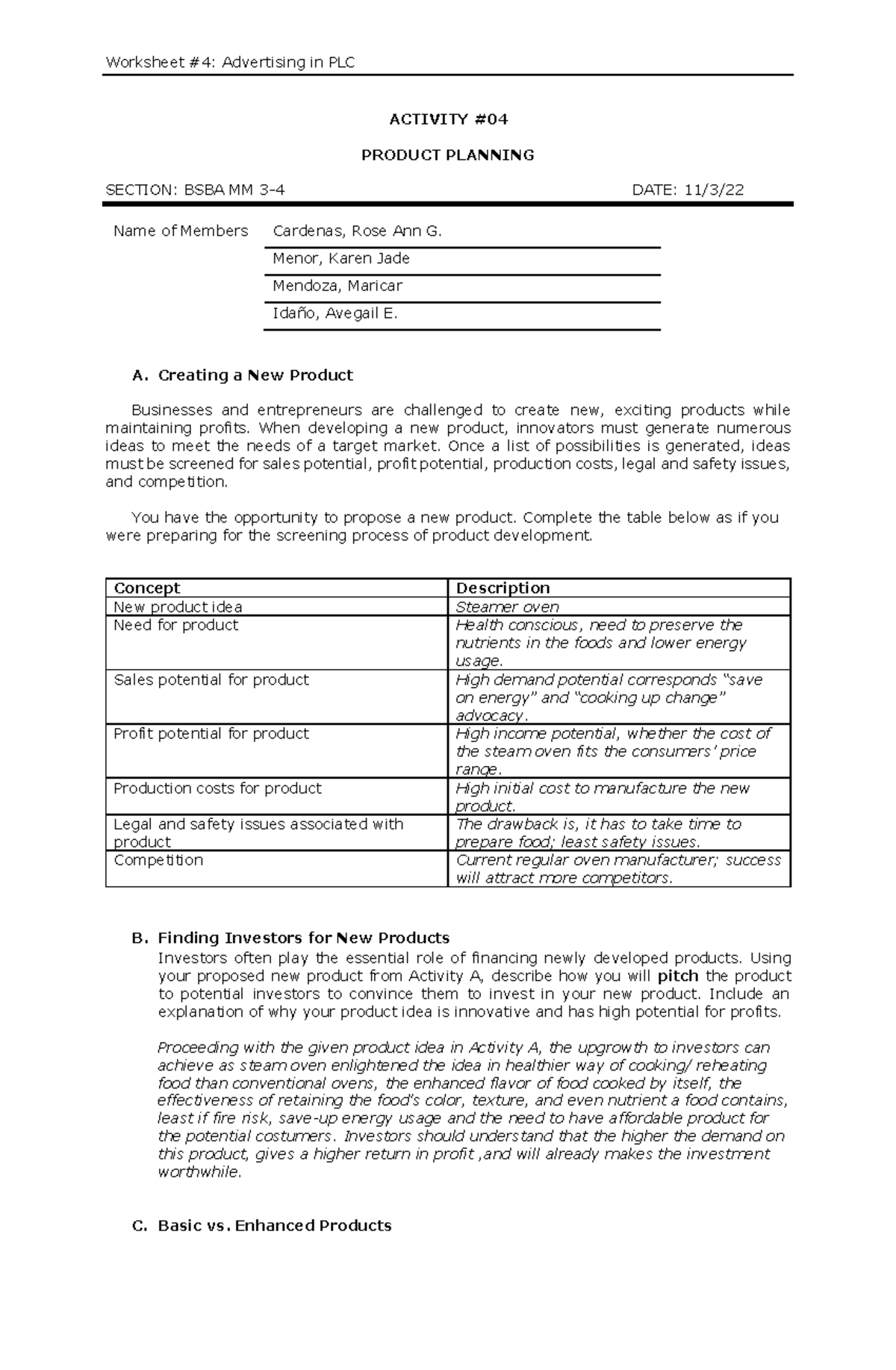 Worksheet 4-Product-Planning - Worksheet #4: Advertising in PLC ...