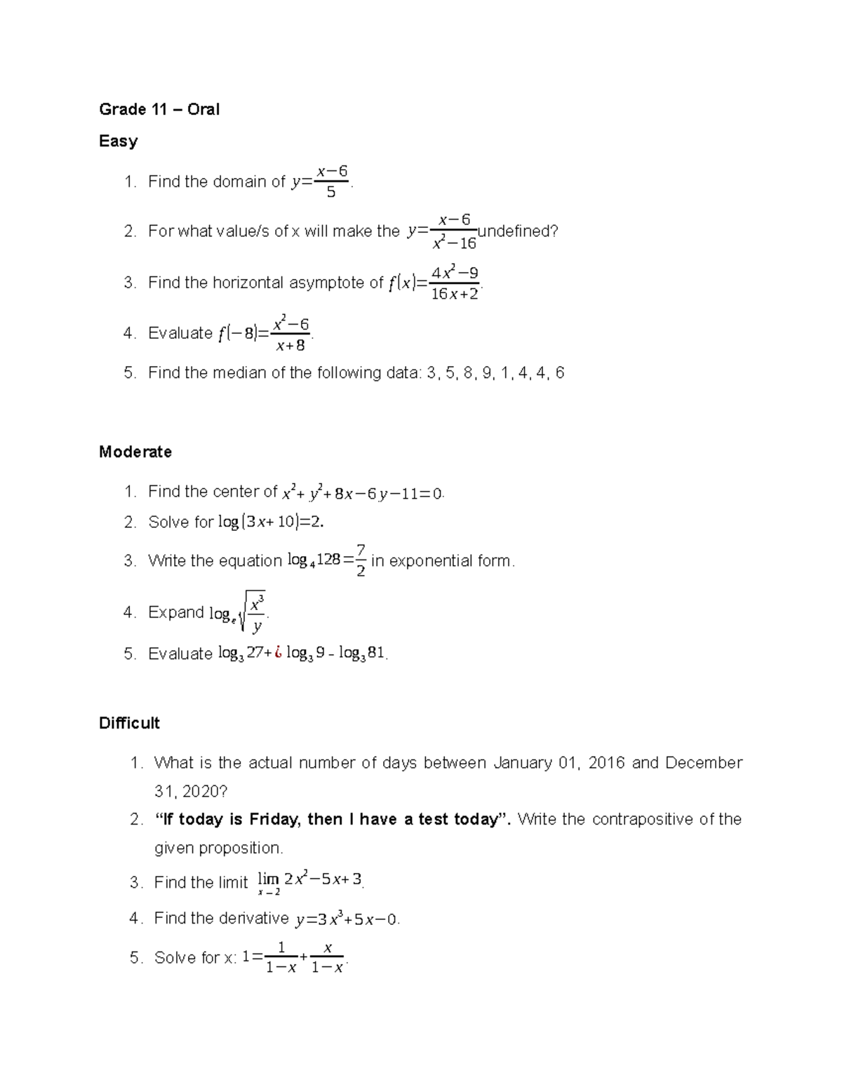 G11 ORAL & G12 Written MATH QUIZ BEE - Grade 11 – Oral Easy Find the ...