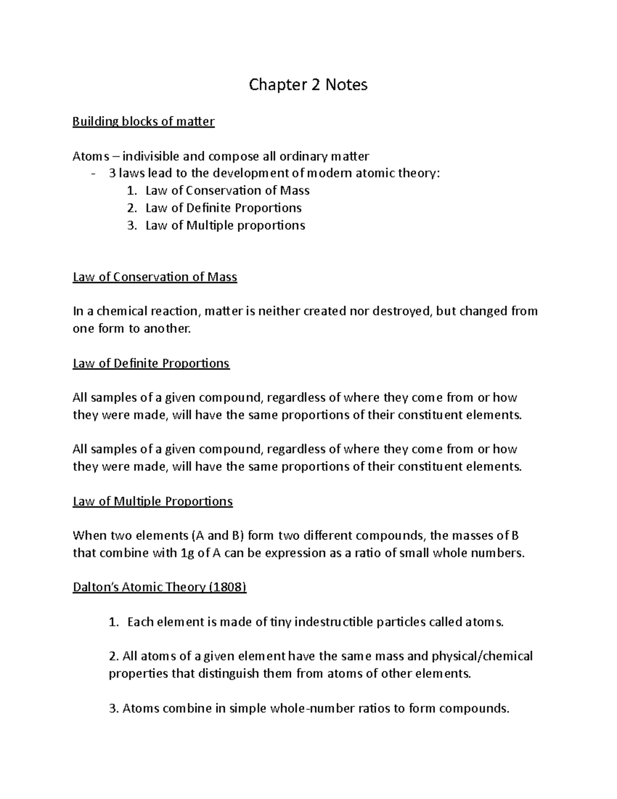 Chapter 2 Submitted Notes - Chapter 2 Notes Building blocks of matter ...