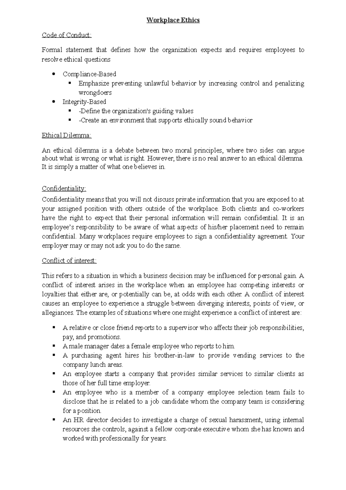 Workplace Ethics - Workplace Ethics Code of Conduct: Formal statement ...