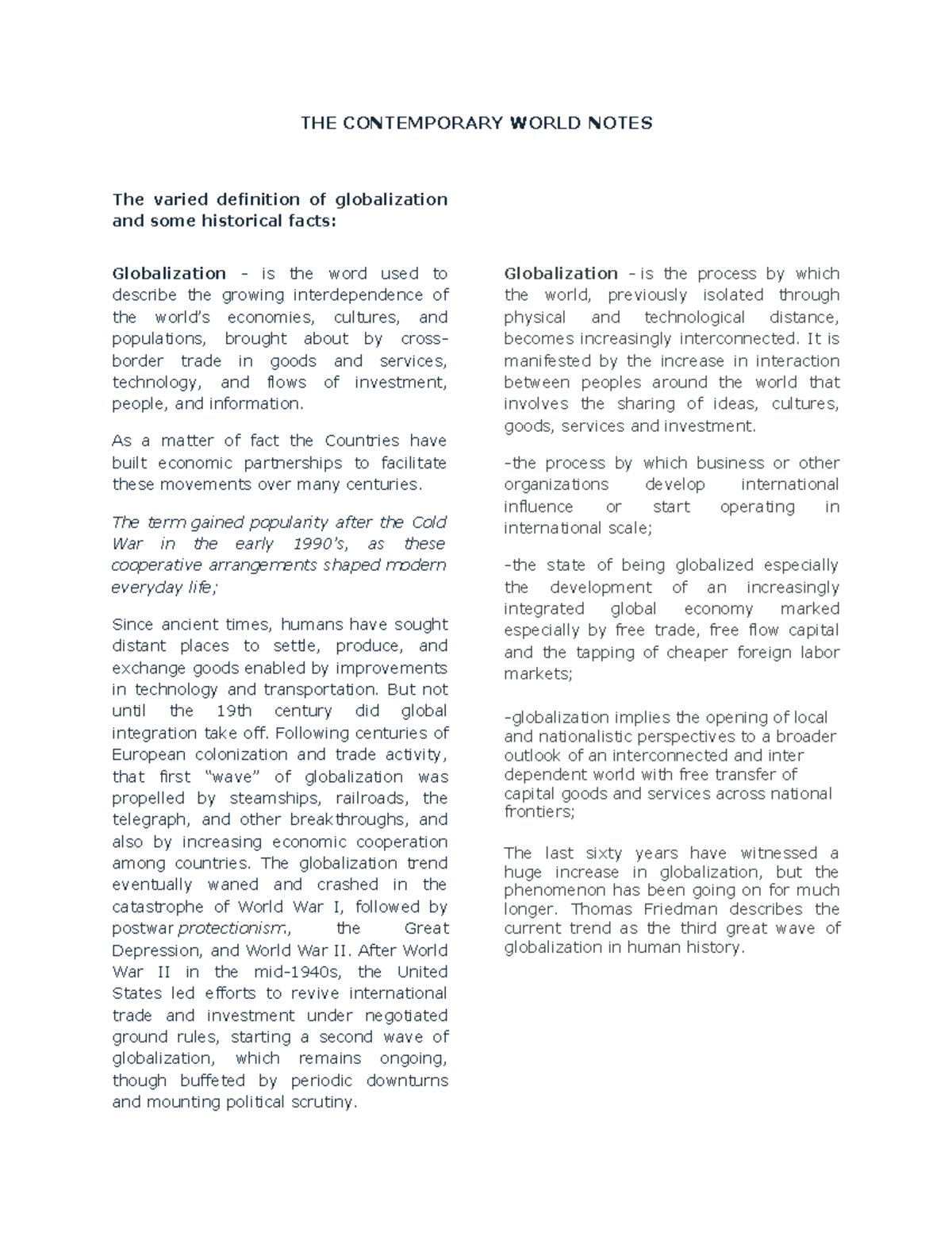 THE Contemporary World Notes - THE CONTEMPORARY WORLD NOTES The varied ...