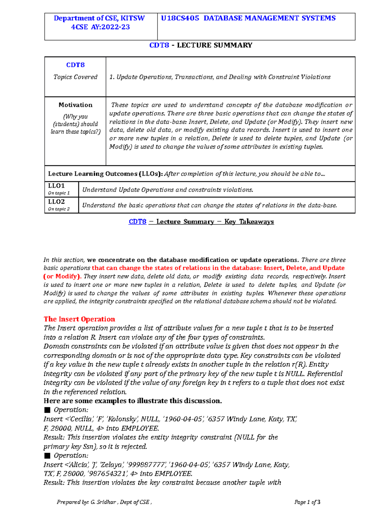 Cdt 8 Relational Constraints And The Relational Database Schemas Department Of Cse Kitsw