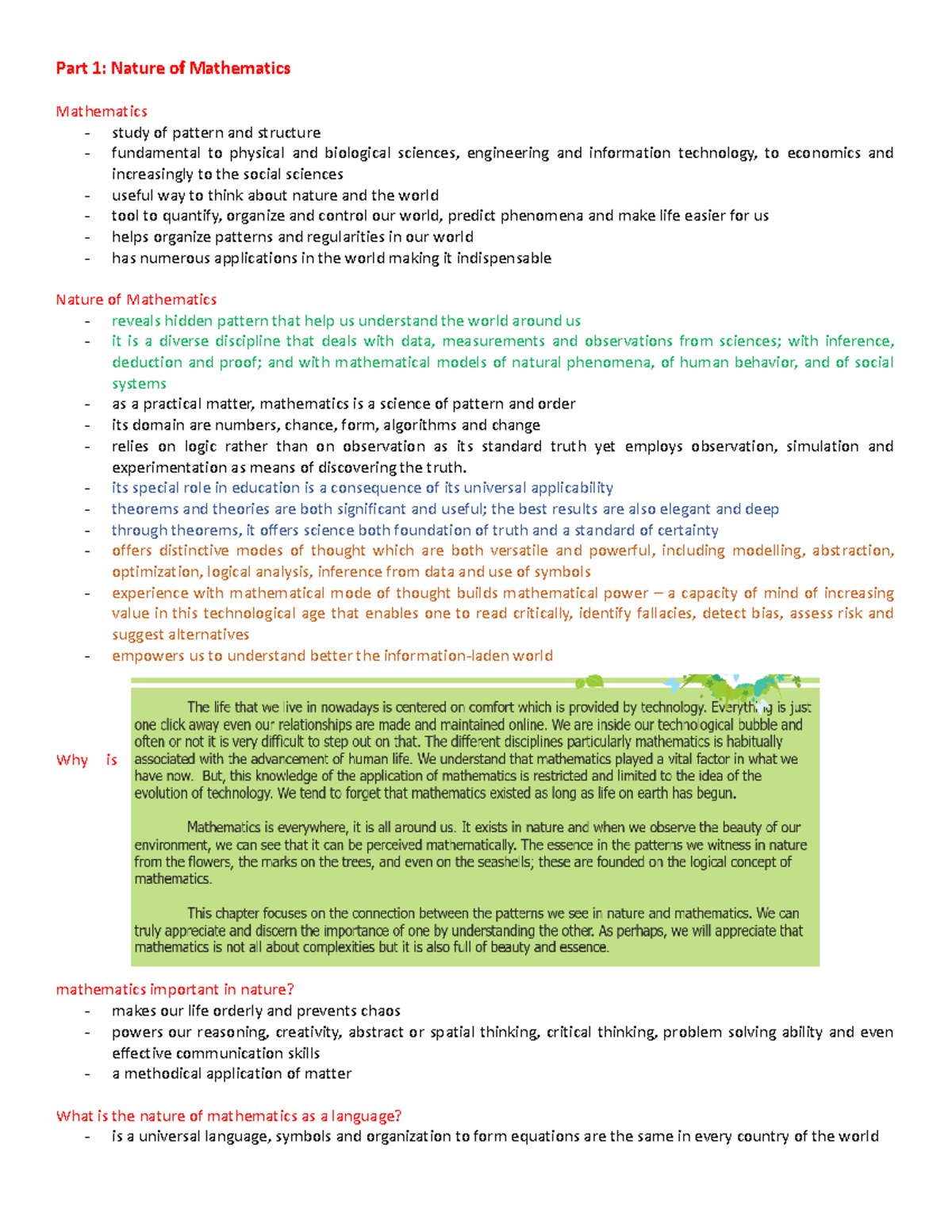 Part 1 - GEN ED SUBJECT - Part 1: Nature of Mathematics Mathematics ...