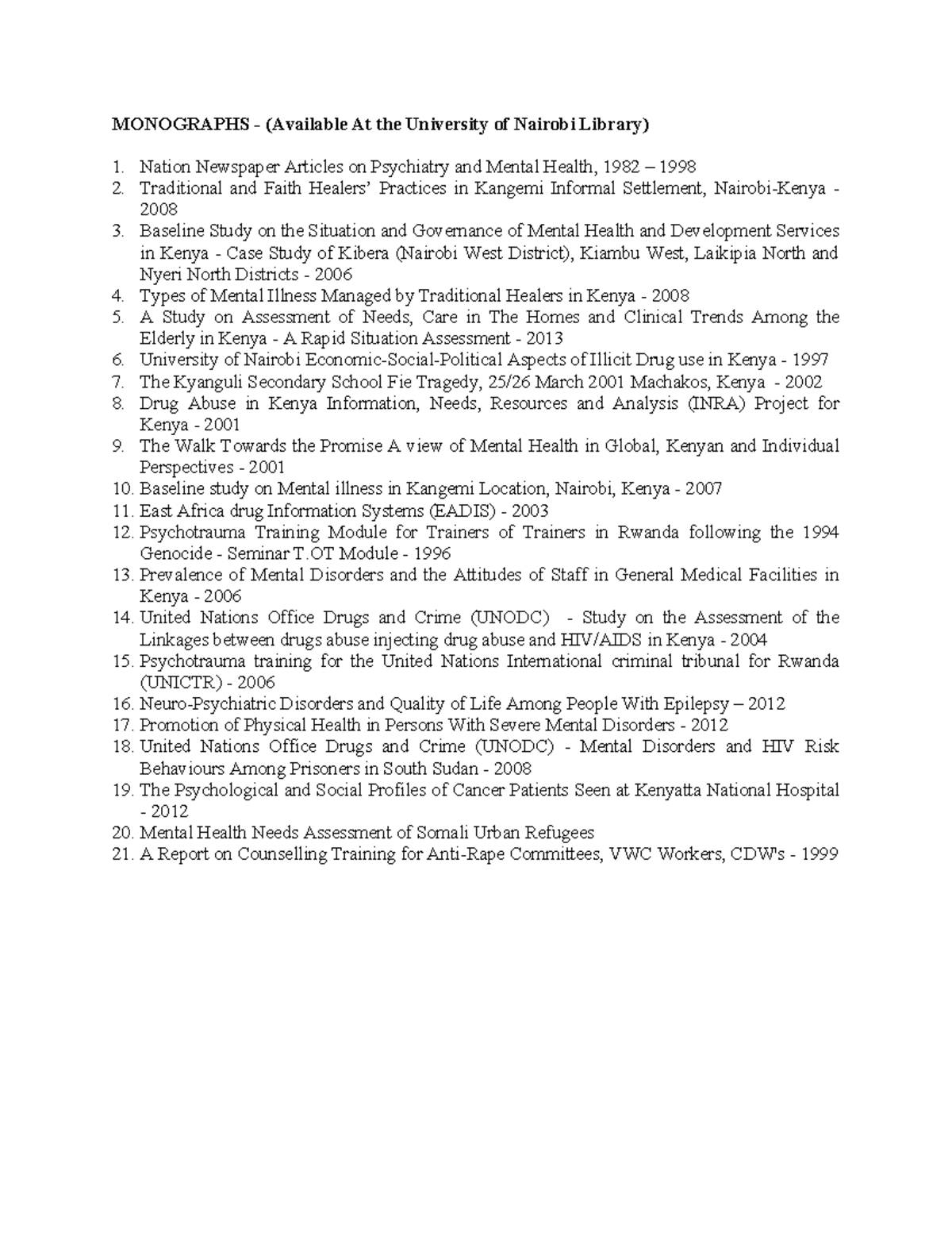 List of Monographs - MONOGRAPHS - (Available At the University of ...
