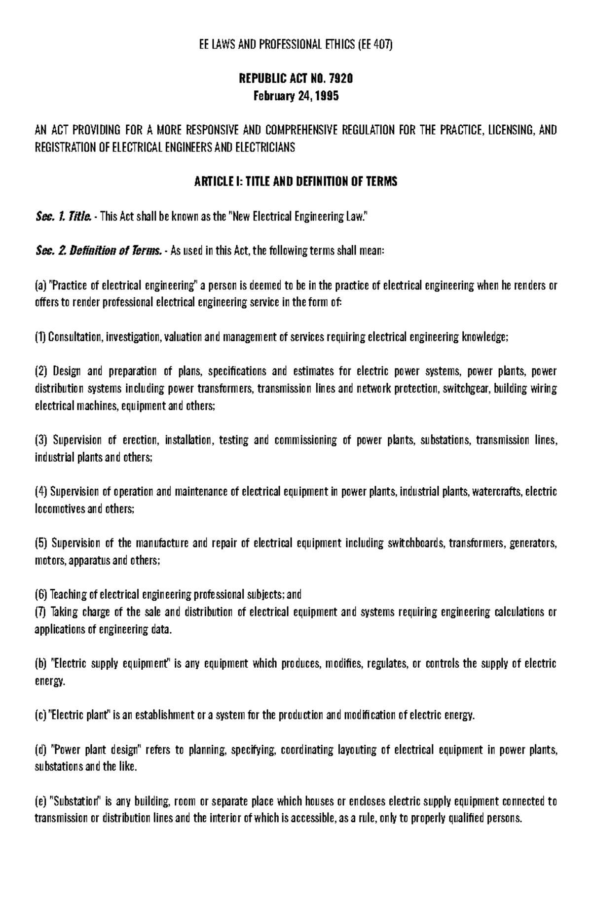 EE LAWS RA NO - N/A - EE LAWS AND PROFESSIONAL ETHICS (EE 407) REPUBLIC ...