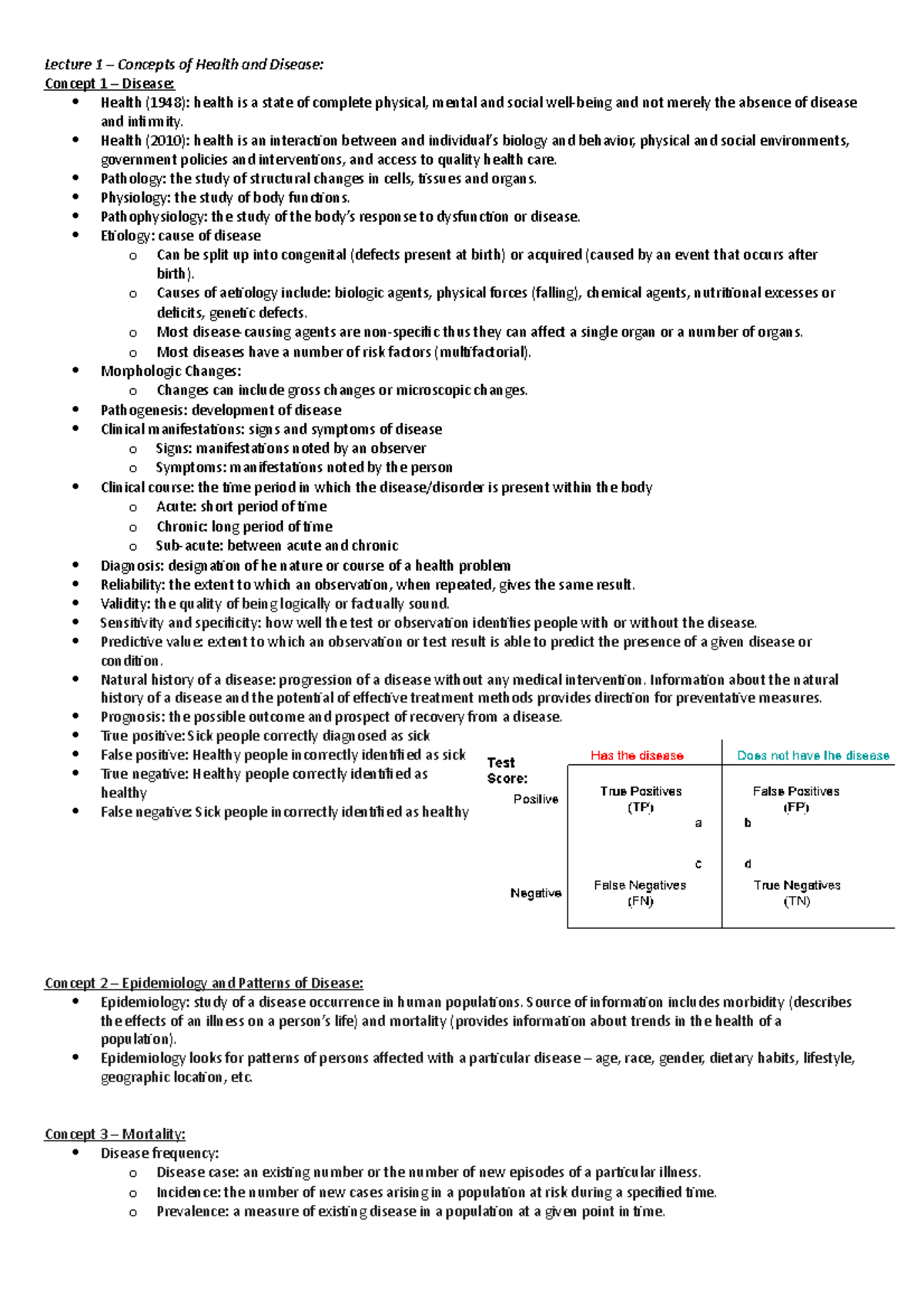 Lecture notes, lecture All - Lecture 1 Concepts of Health and Disease ...