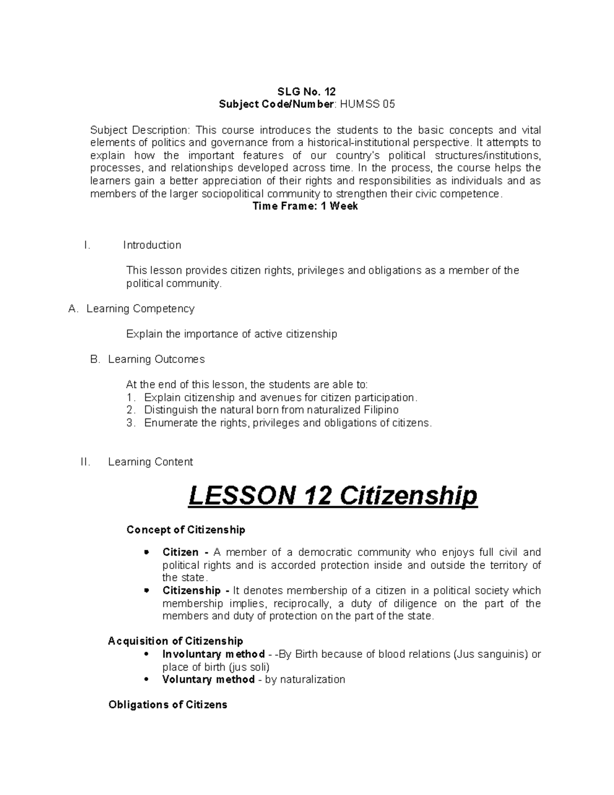 Polsci Slg 12 - none - SLG No. 12 Subject Code/Number : HUMSS 05 ...